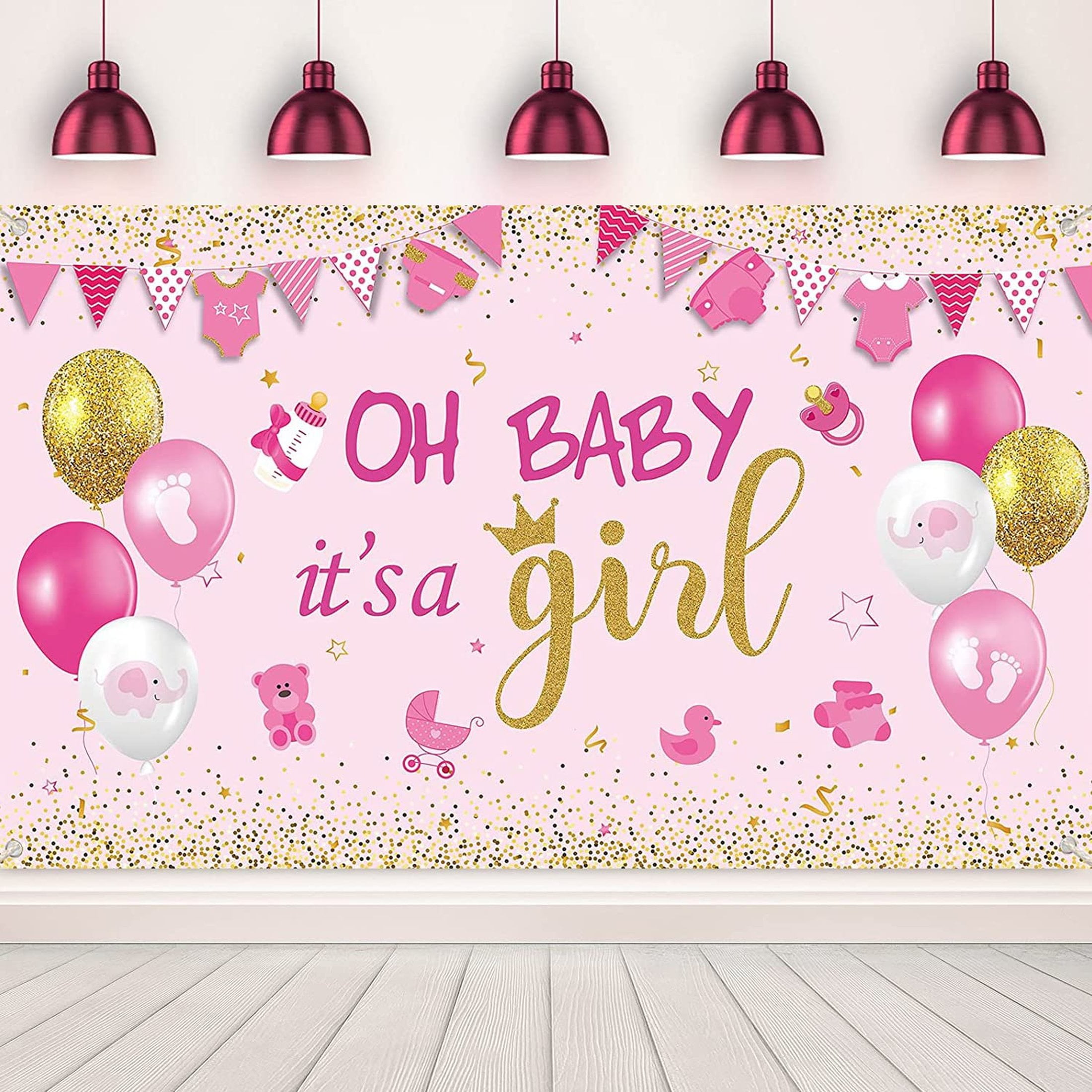 Pink Baby Shower Party Banner Backdrop - Oh Baby It's A Girl! Large ...