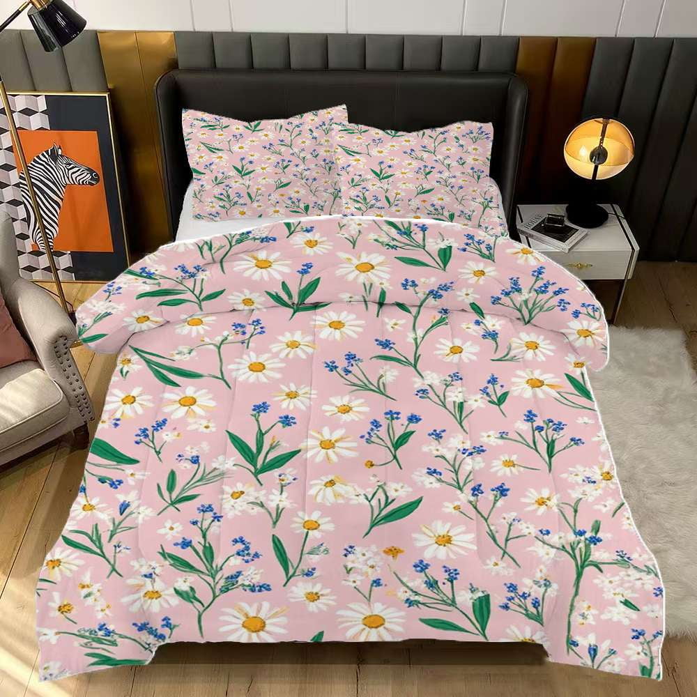 Pink Background Daisy Floral Pattern Comforter Set Full Size Bedding Set For Travl Bedroom Decor ...