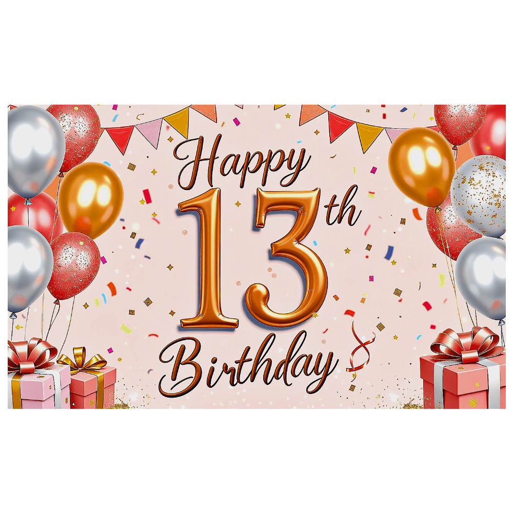 Pink Background Happy 13th Birthday Banner with Balloons Confetti and ...