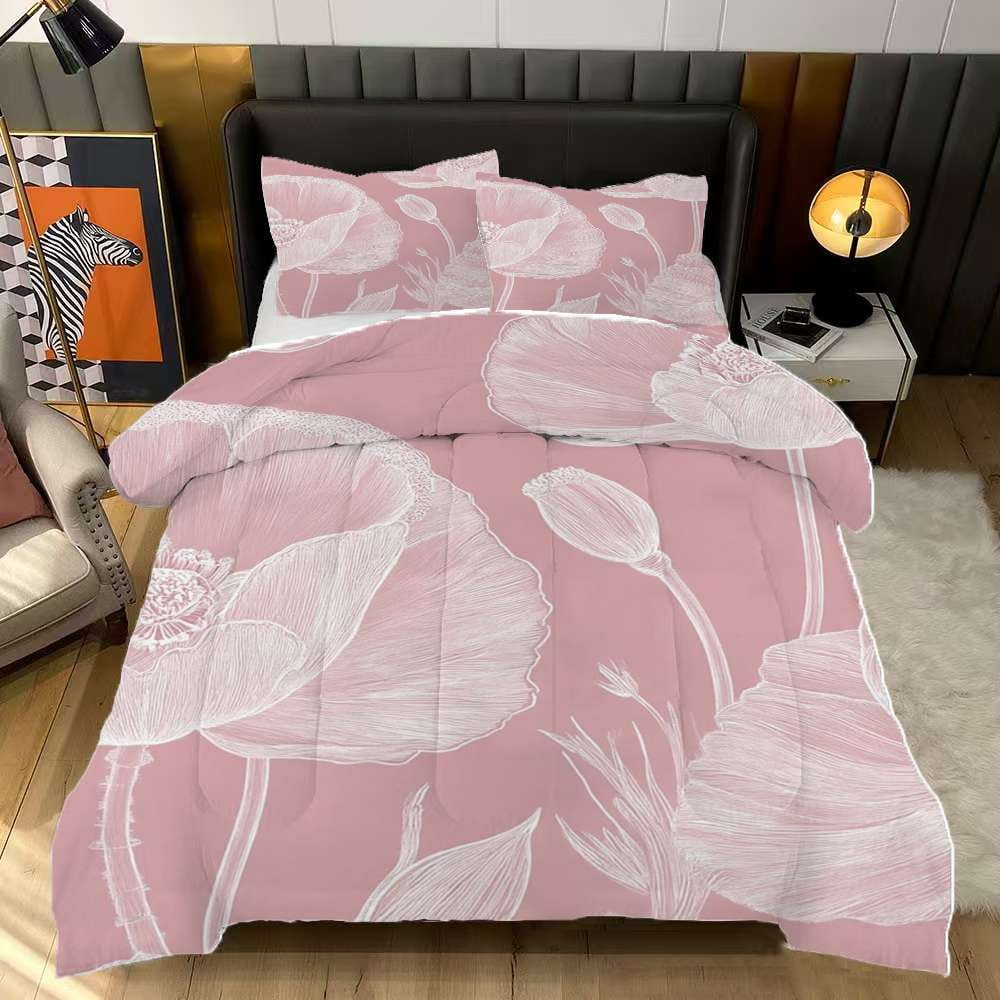 Pink Background White Poppies Floral Comforter Set Full Size Bedding ...