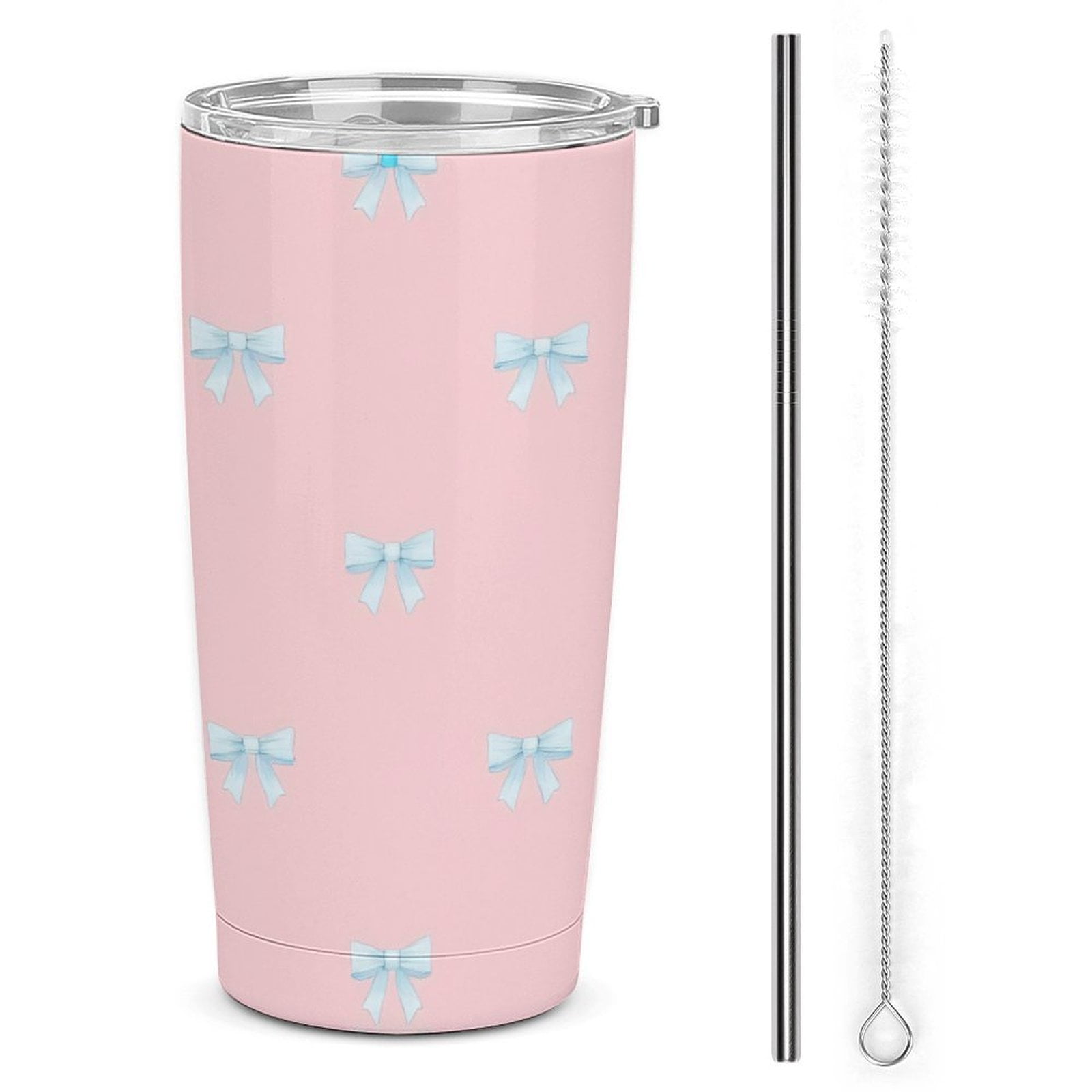 Pink Background with Blue Bows Pattern 20oz Tumbler with Lid And Straw ...