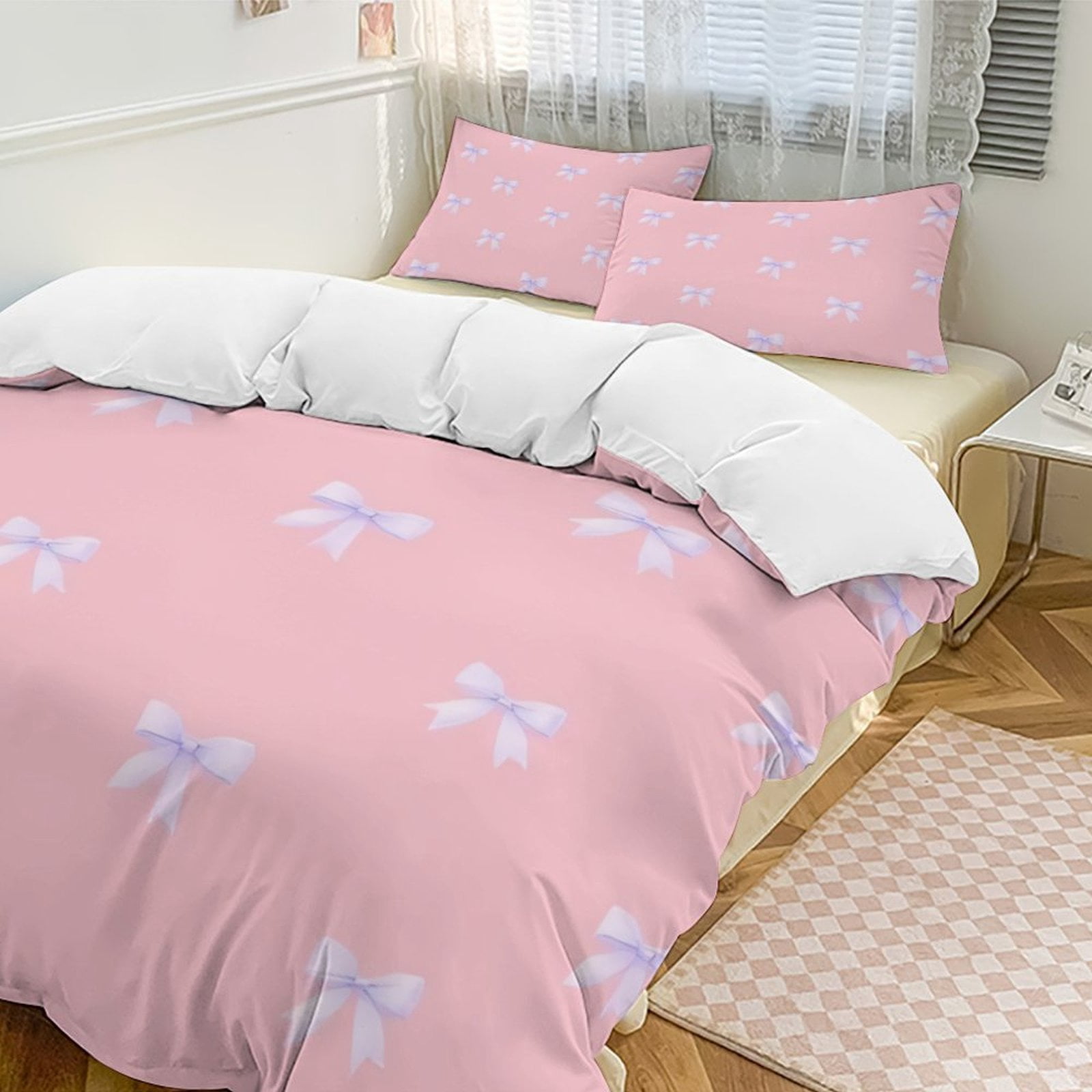 Pink Background with White Bow Pattern 3D Duvet Cover Set Quilt Cover ...