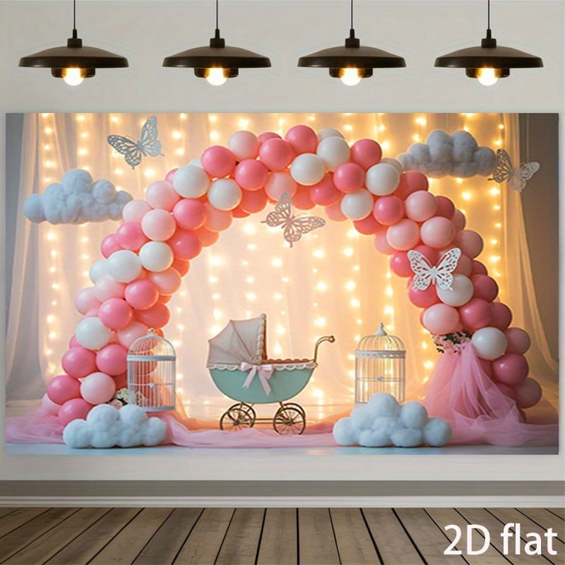 Pink Balloon Arch Baby Shower Backdrop Blue Carriage White Butterfly ...