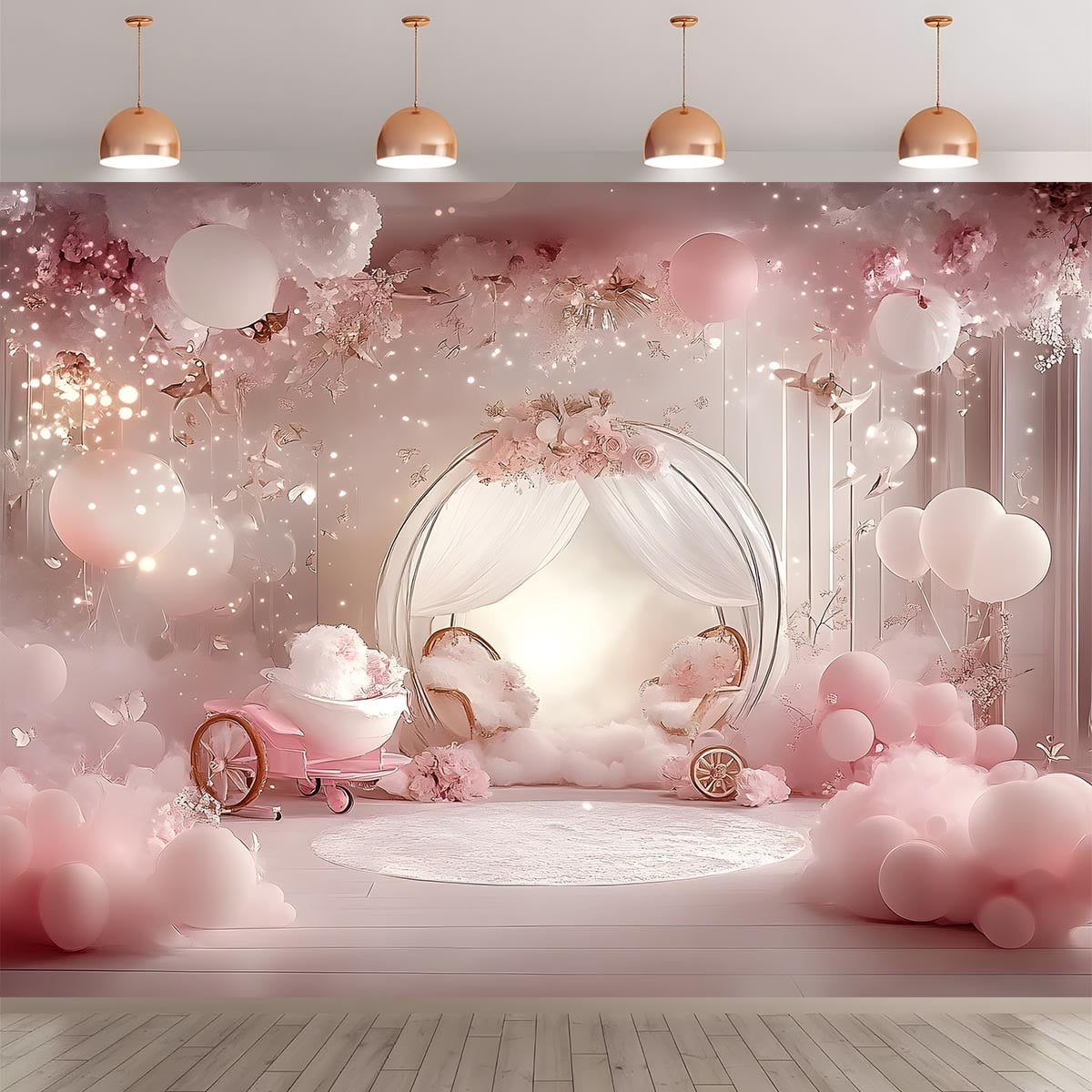 Pink Balloon And Baby Carriage Backdrop Banner Backdrop Photography ...