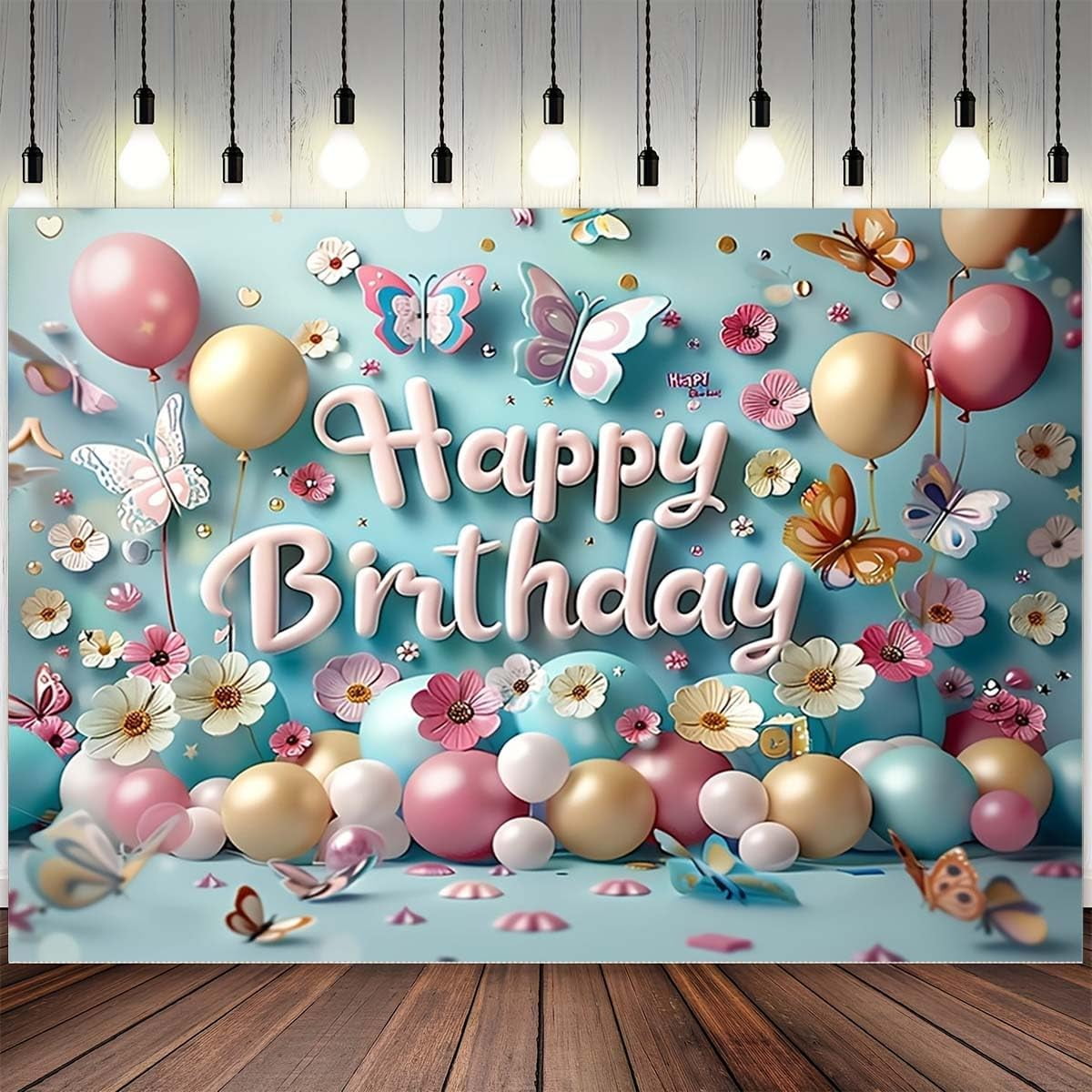 Pink Balloon and Butterfly Flower Happy Birthday Backdrop Glitter Baby ...