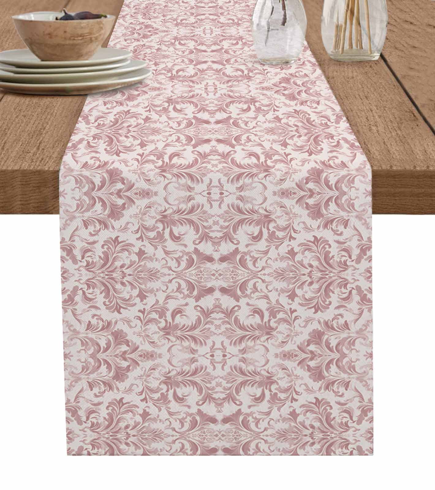 Pink Baroque Table Runner 70 Inches, Farmhouse Scroll Floral Damask ...