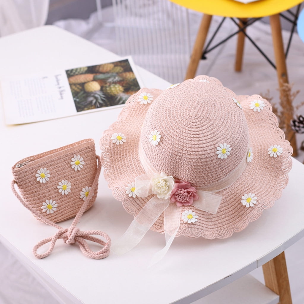 Pink Baseball Caps Girls 2-8 Age Straw Hat Tourism Sun Hat Flower ...