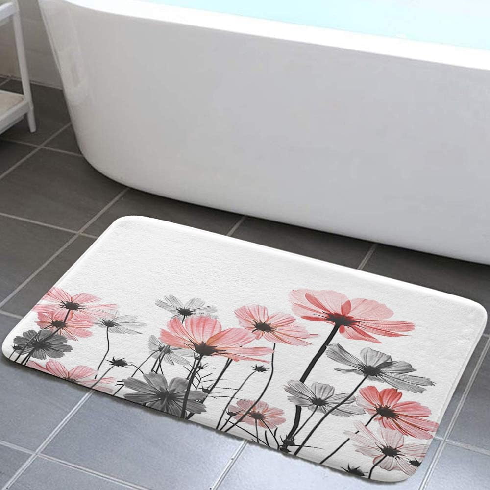 Pink Bath Rugs, Rustic Elegant Floral Pink and Gray Daisy Flower Bath ...