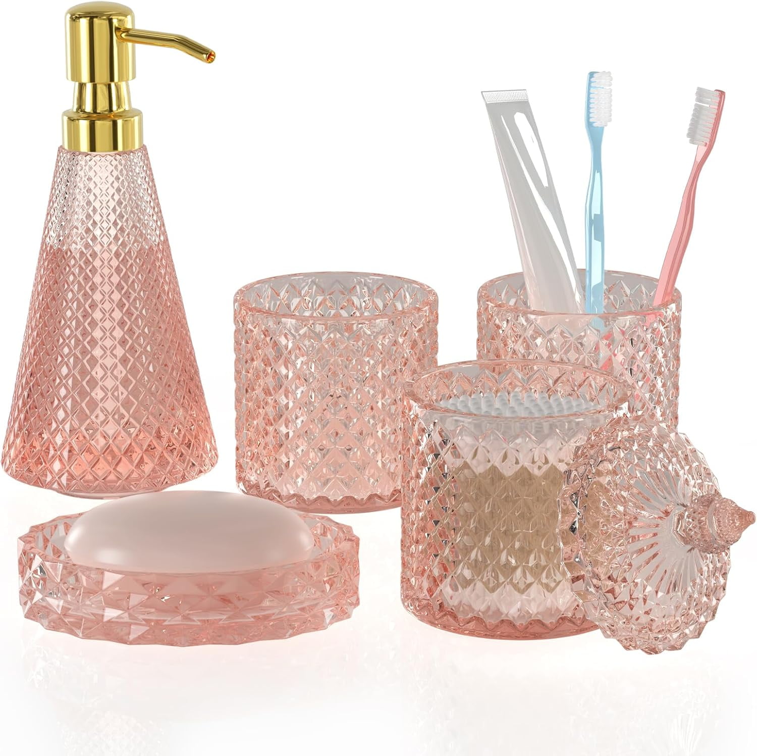 Pink Bathroom Accessories Set, 5 Pcs Premium Clear Glass Bathroom ...