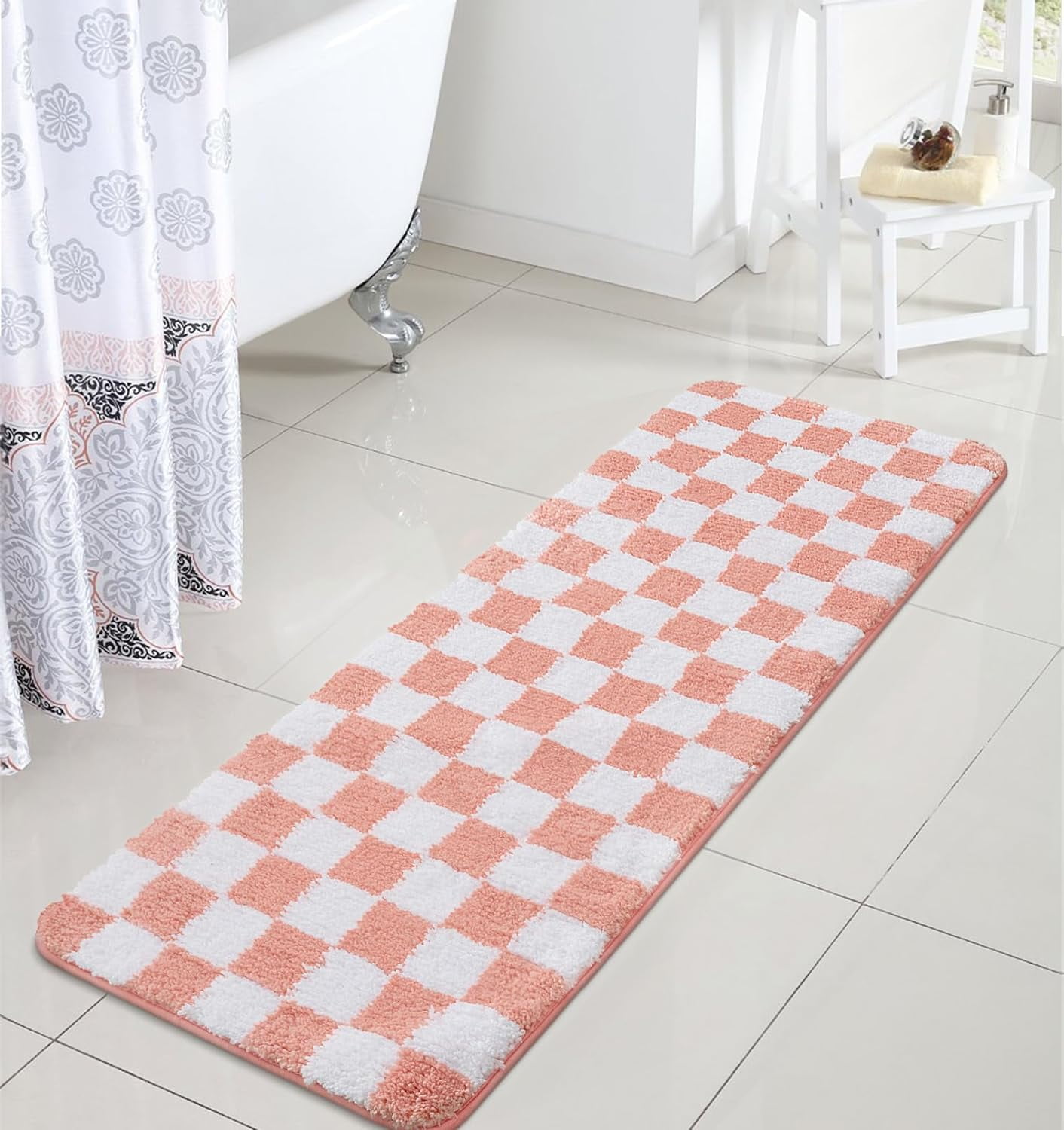 Pink Bathroom Rug Runner, Modern Plaid Checkered Bath Mat for Tub, Non ...