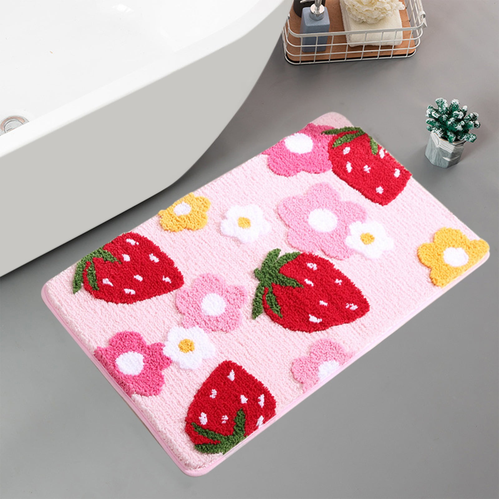 Pink Bathroom Rugs with Cute Strawberry Flower Bath Mat, Non-Slip Floor ...