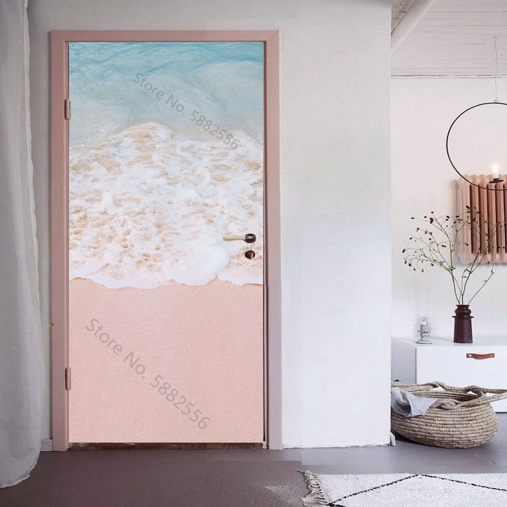Pink Beach Big StarPattern Door Sticker Mural Natural Scenery Living ...