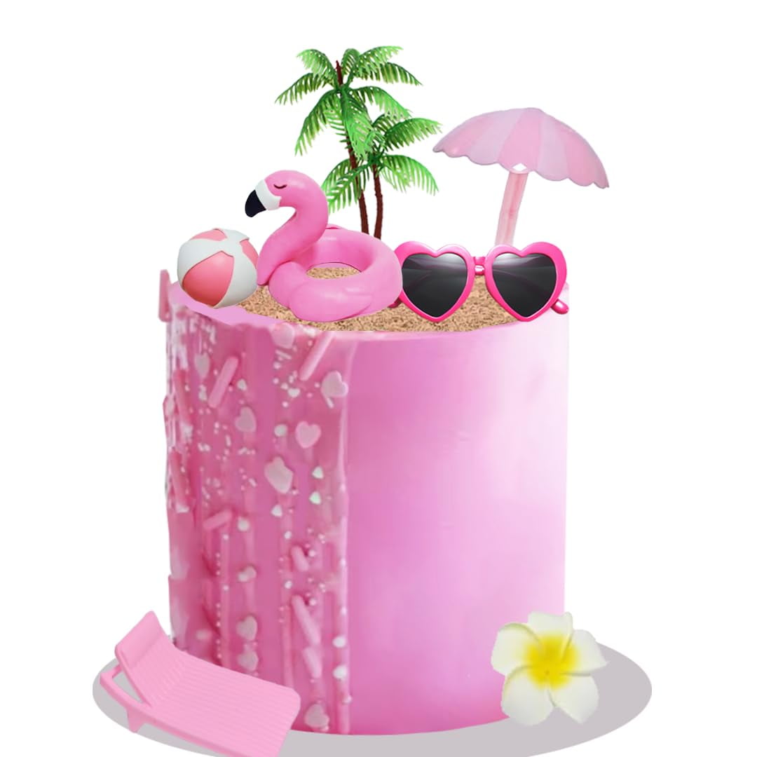 Pink Beach Cake Topper Pool Cake BSL1 Topper with Beach Ball Flamingo ...