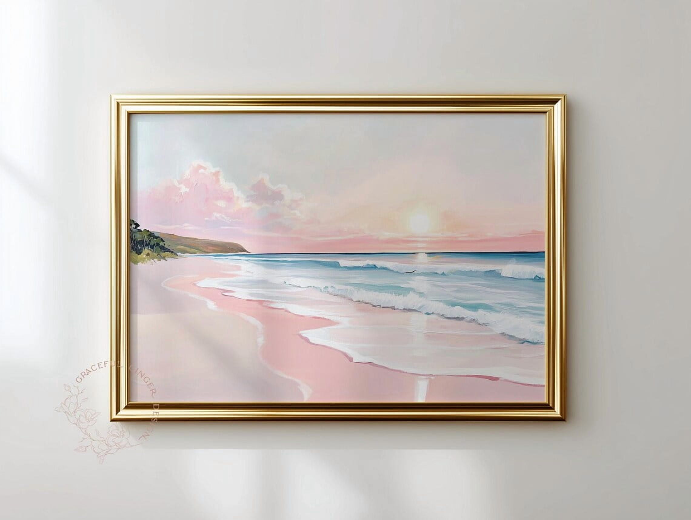 Pink Beach Sunset Print, Coastal Landscape, Beach House Art Home Decor ...