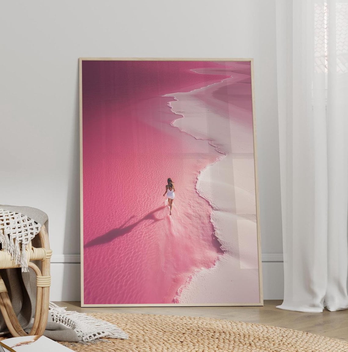 Pink Beach Woman Walk Wall Art Coastal Girly Decor, Unframed Canvas ...