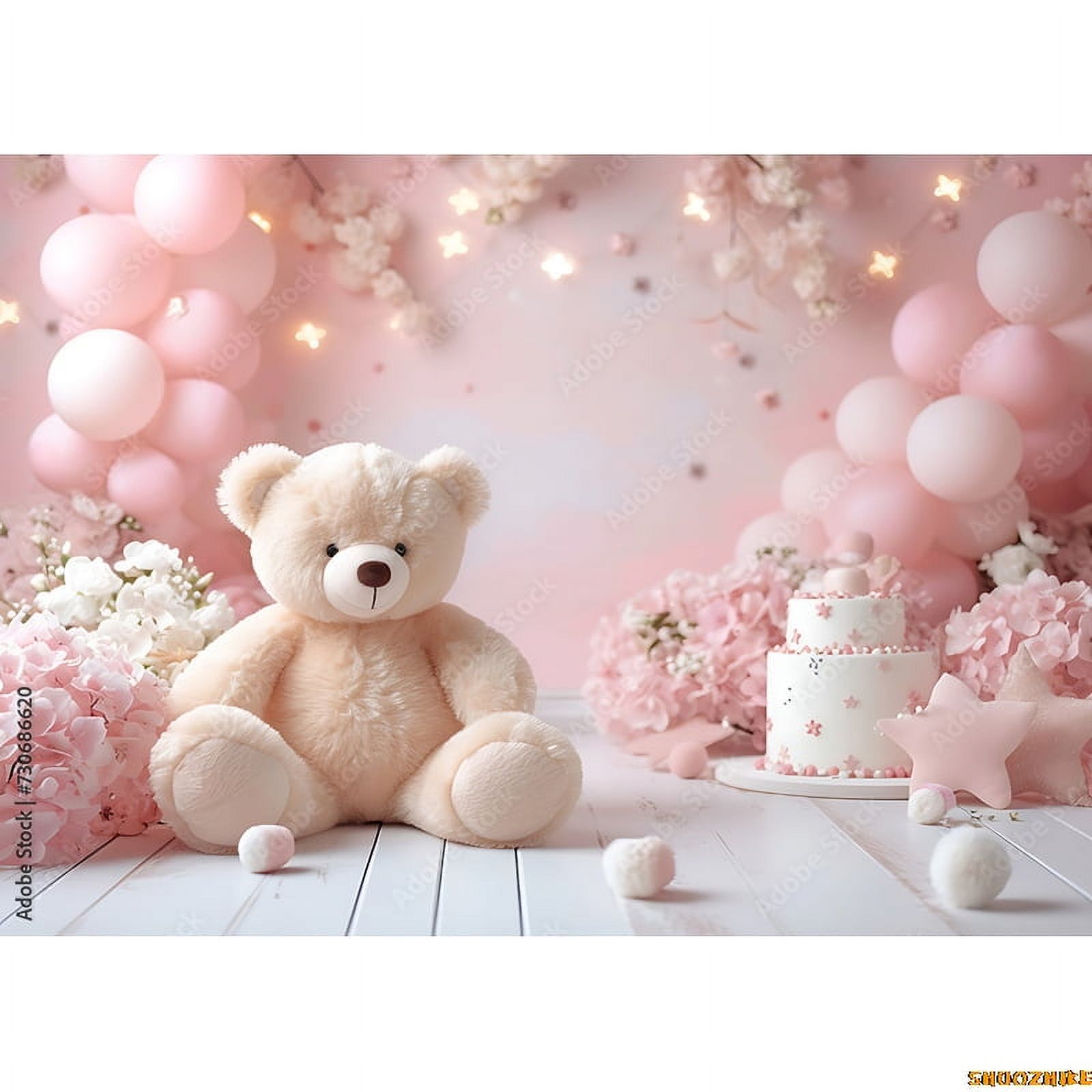Pink Bear Digital Background for Baby Birthday Cake Smash Studio ...