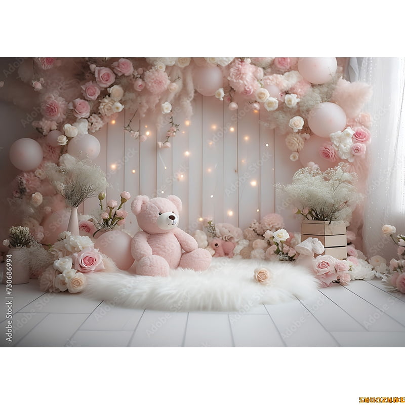 Pink Bear Digital Background for Baby Birthday Cake Smash Studio ...