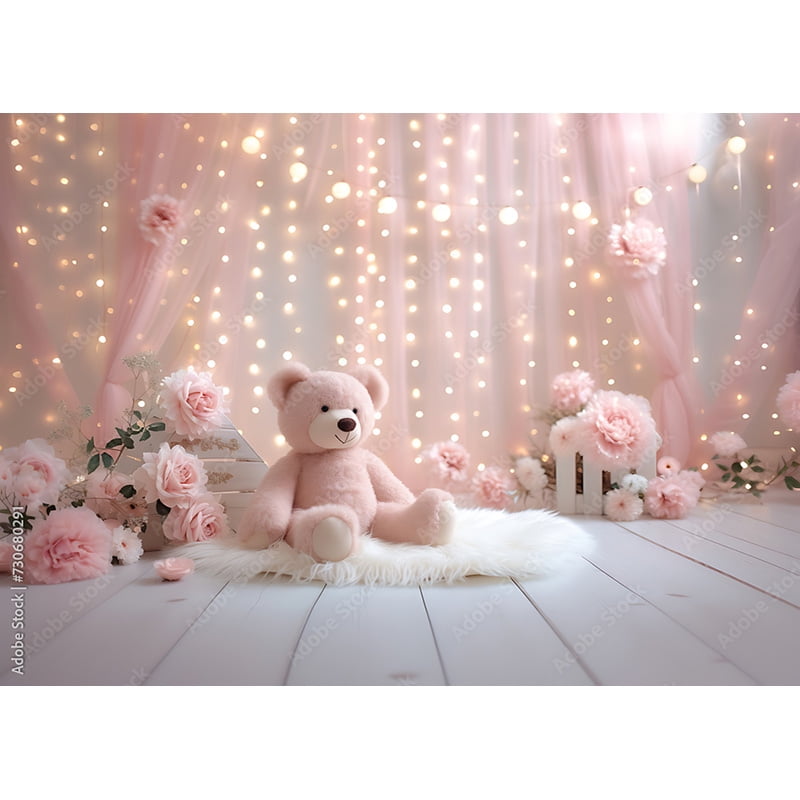Pink Bear Digital Background for Baby Birthday Cake Smash Studio ...