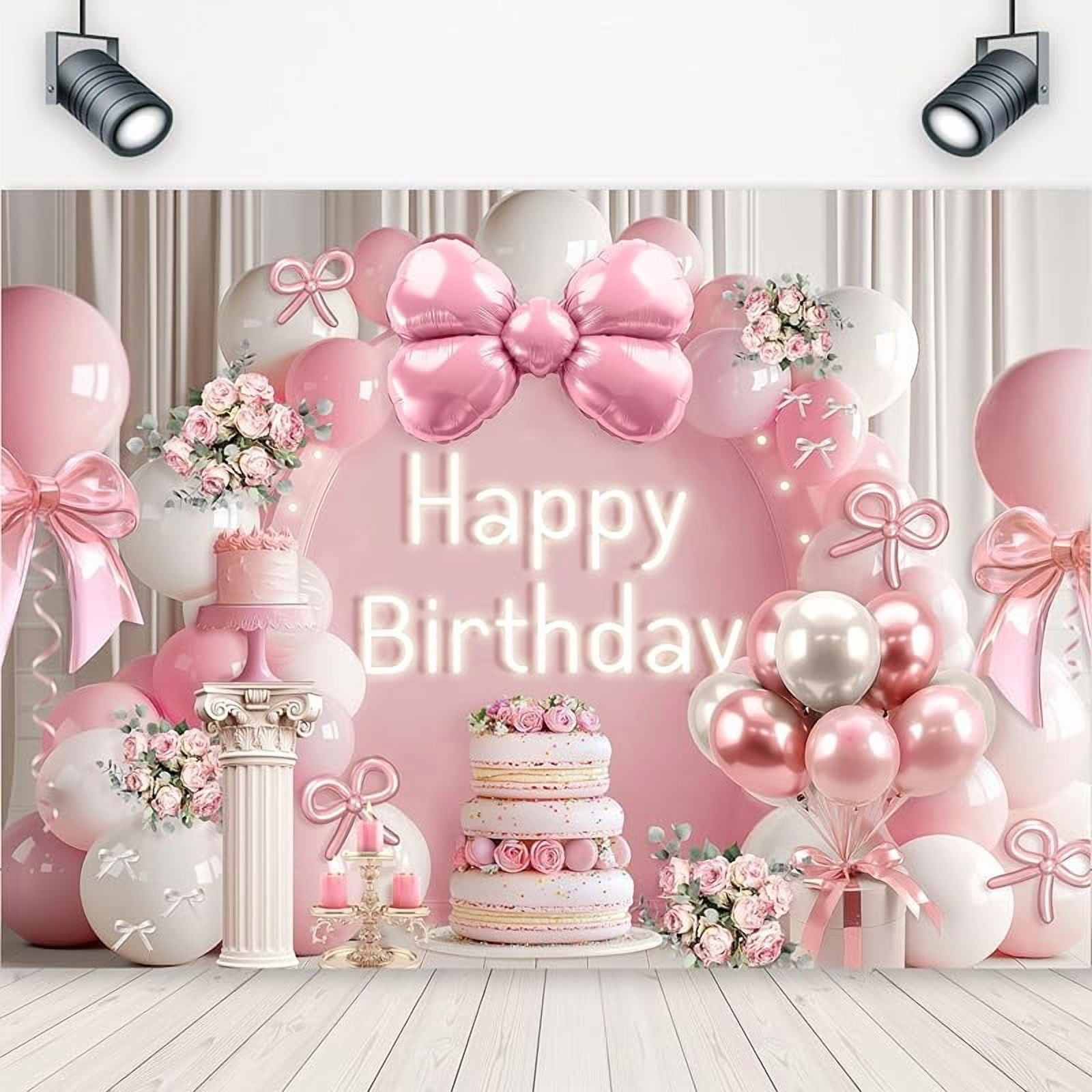 Pink Beautiful Happy Birthday Girl Backdrop Pink Bow Flowers Balloons ...