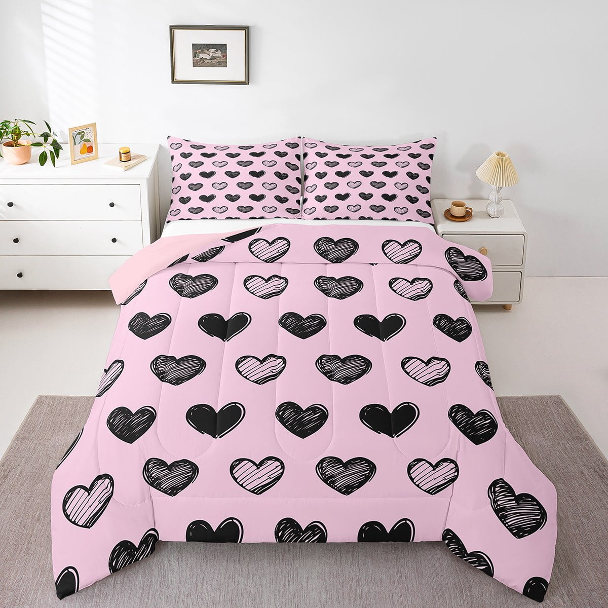 Pink Bedding Set Queen Size,Love Heart Pattern Comforter Set Kawaii ...