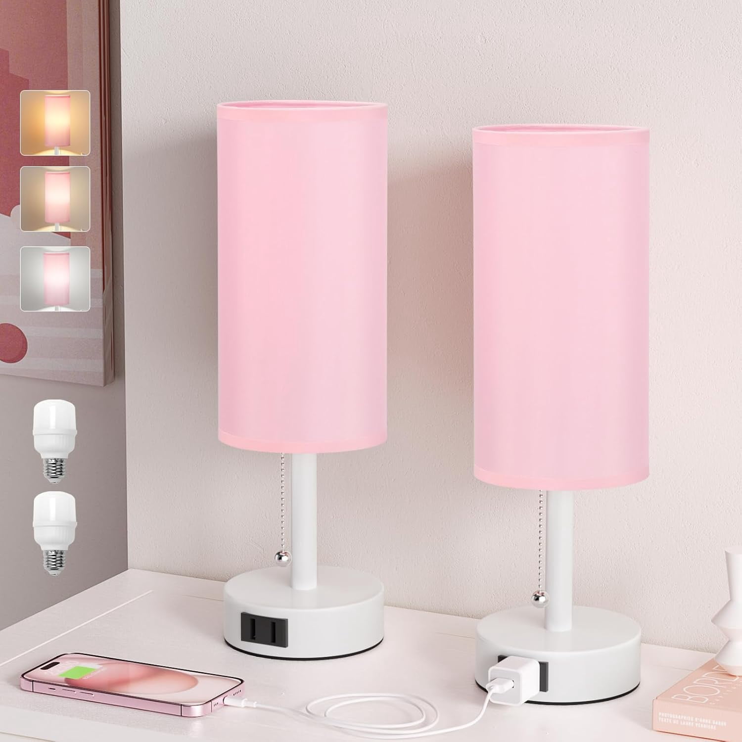Pink Bedside Table Lamps Set of 2-3 Color Temperatures Pull Chain Lamp ...