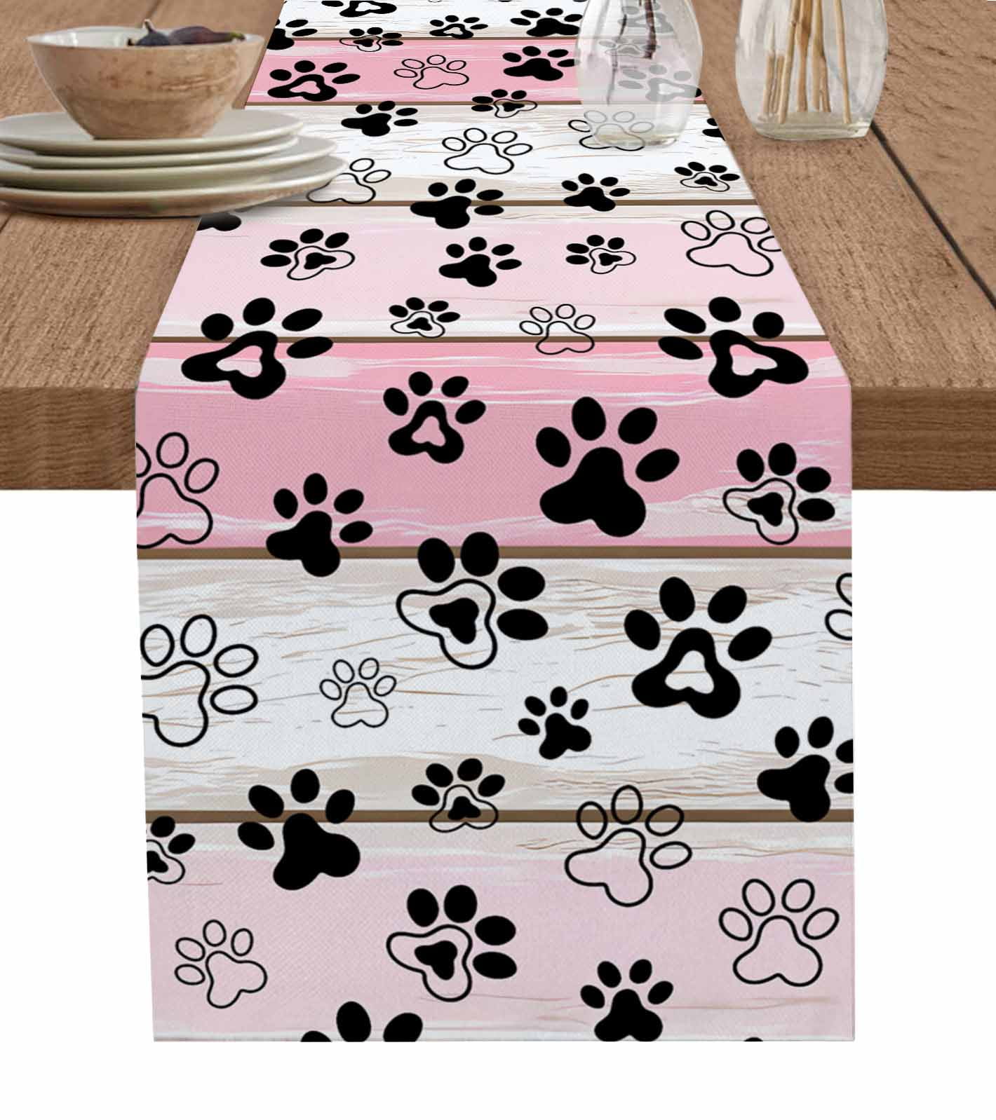 Pink Beige Paw Print Burlap Cotton Table Runner 14x72 Inches Long ...