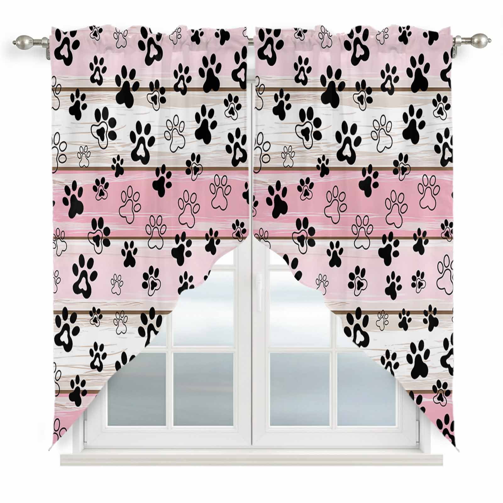 Pink Beige Paw Print Swag Curtains Vintage Farmhouse Country Wooden ...