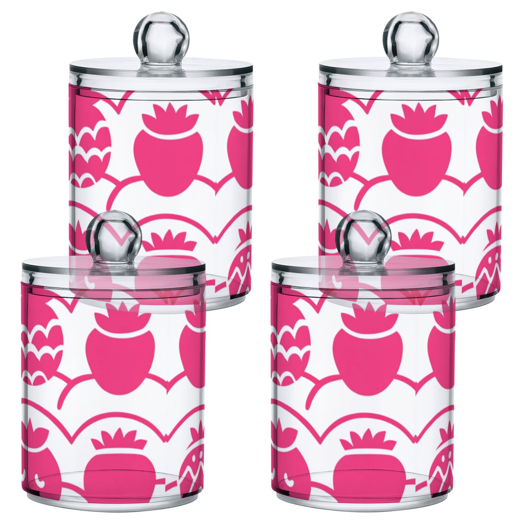 Pink Berry Pattern Bathroom Canisters Set of 4 Translucent Plastic Storage for Cotton Pads and ...