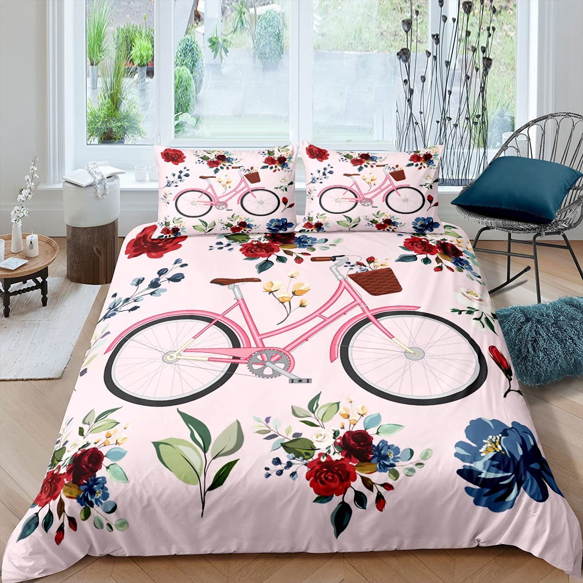 Pink Bicycle Duvet Cover For Women Twin Full King Size Roses Flower ...