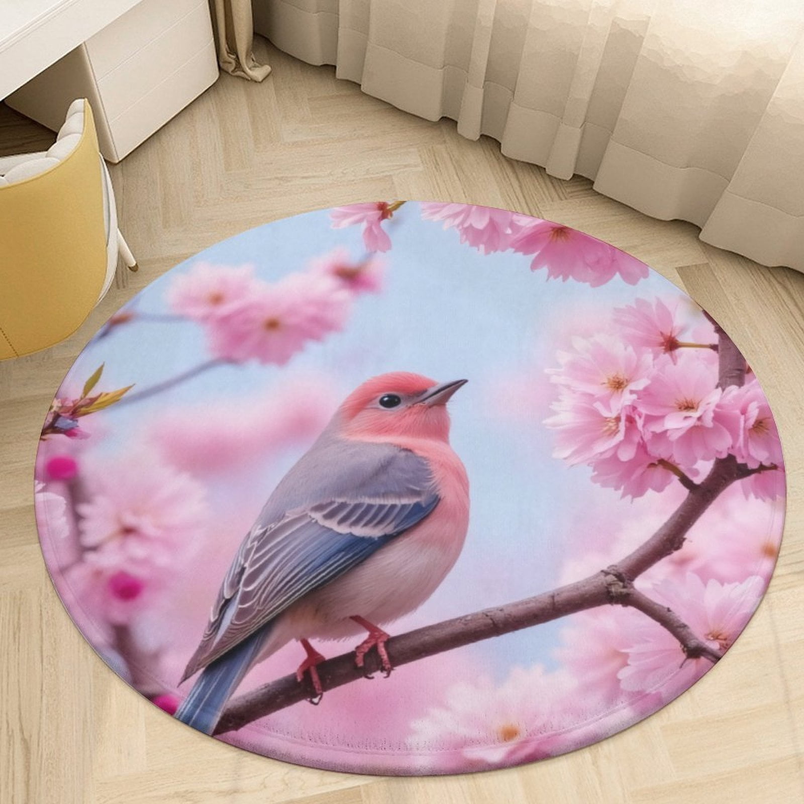 Pink Bird on Cherry Blossom Branch Round Area Rugs for Bedroom Living ...