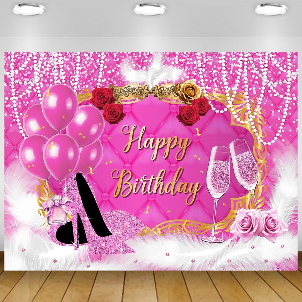 Pink Birthday Backdrop for Women Happy Birthday Backdrops Champagne ...