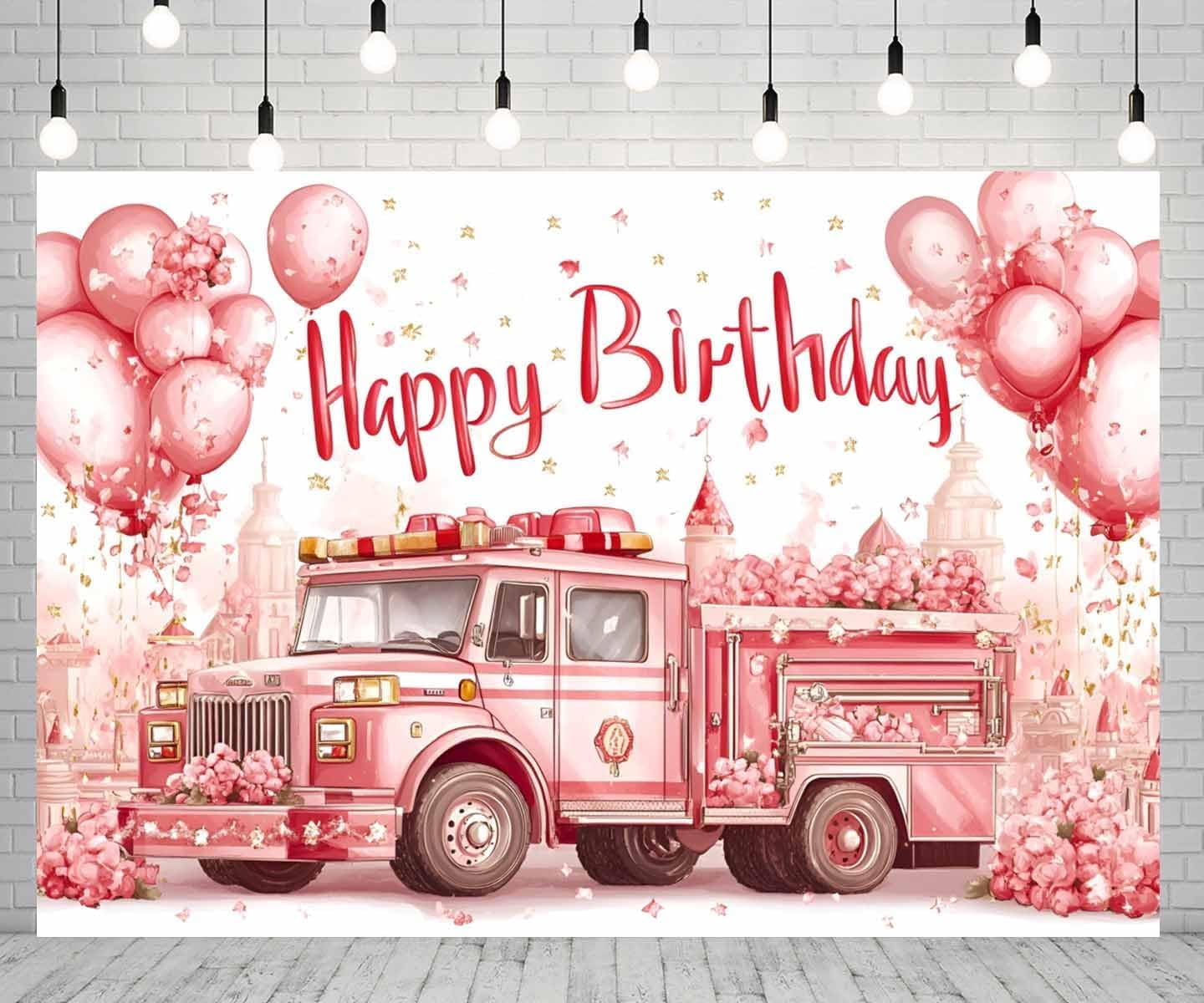 Pink Birthday Banner Background Pink Fire Truck Flower Balloon Pink ...
