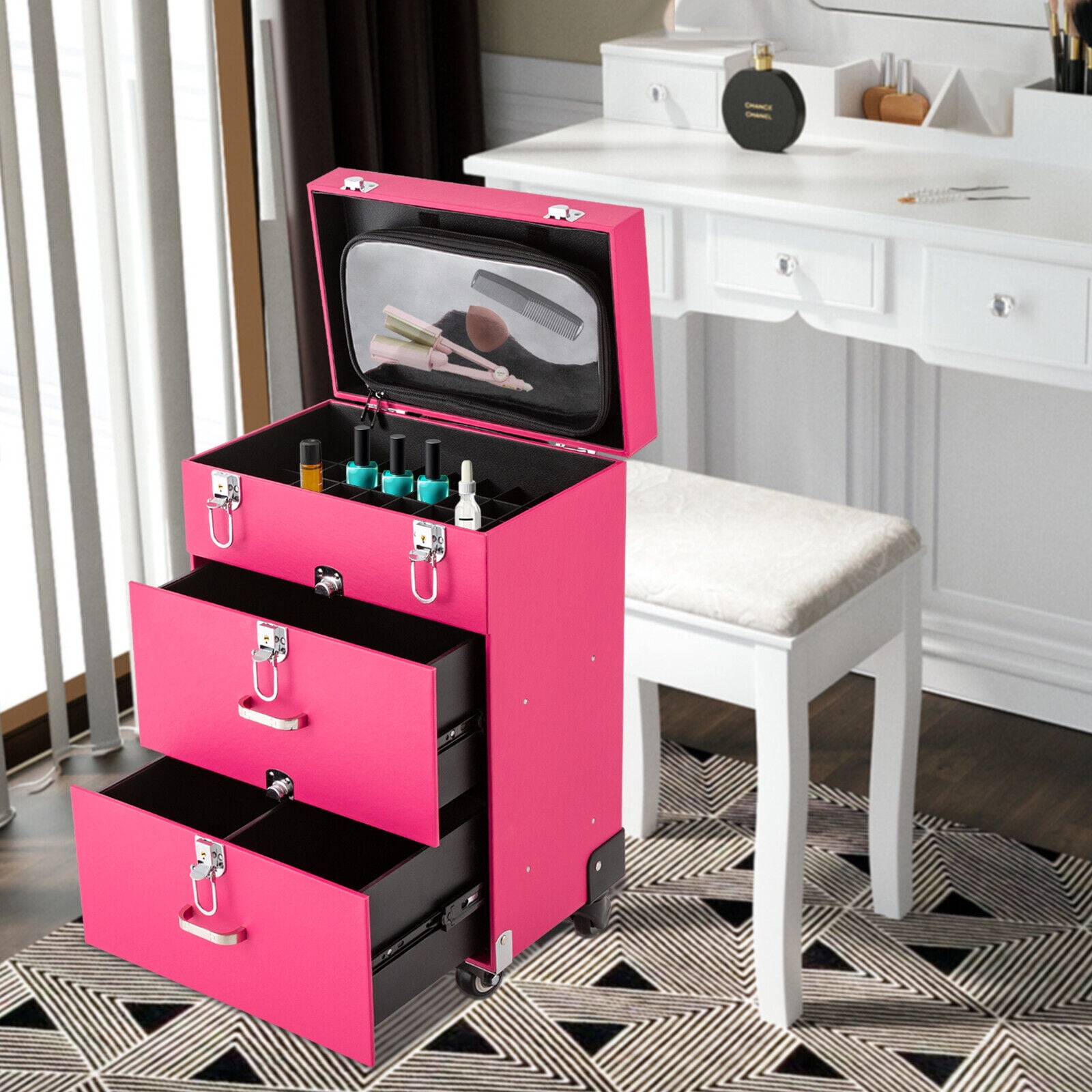 Pink/Black 3 Trays Rolling Aluminum Makeup Train Case Salon Cosmetic ...