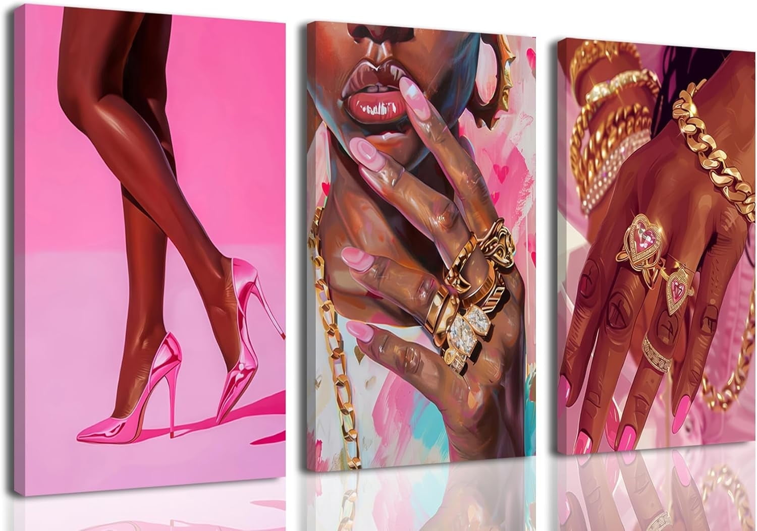 Pink Black African American Woman Canvas Wall Art Set of 3 Black Girl Wall Decor Pictures Black ...