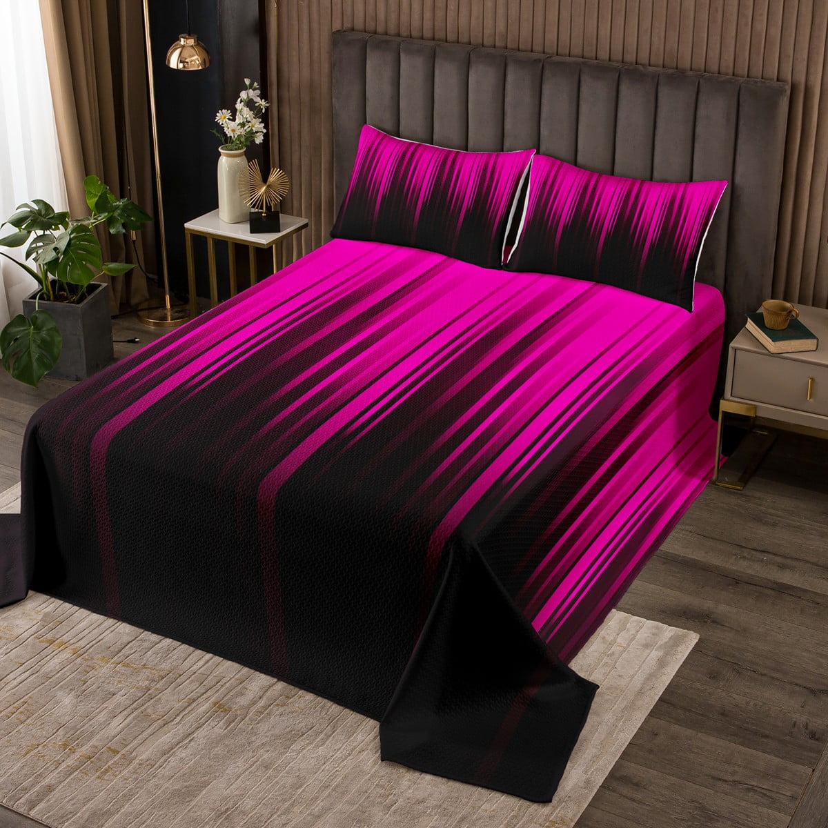 Pink Black Bedspread Set Queen Abstract Gradient Stripes Bedding Set ...