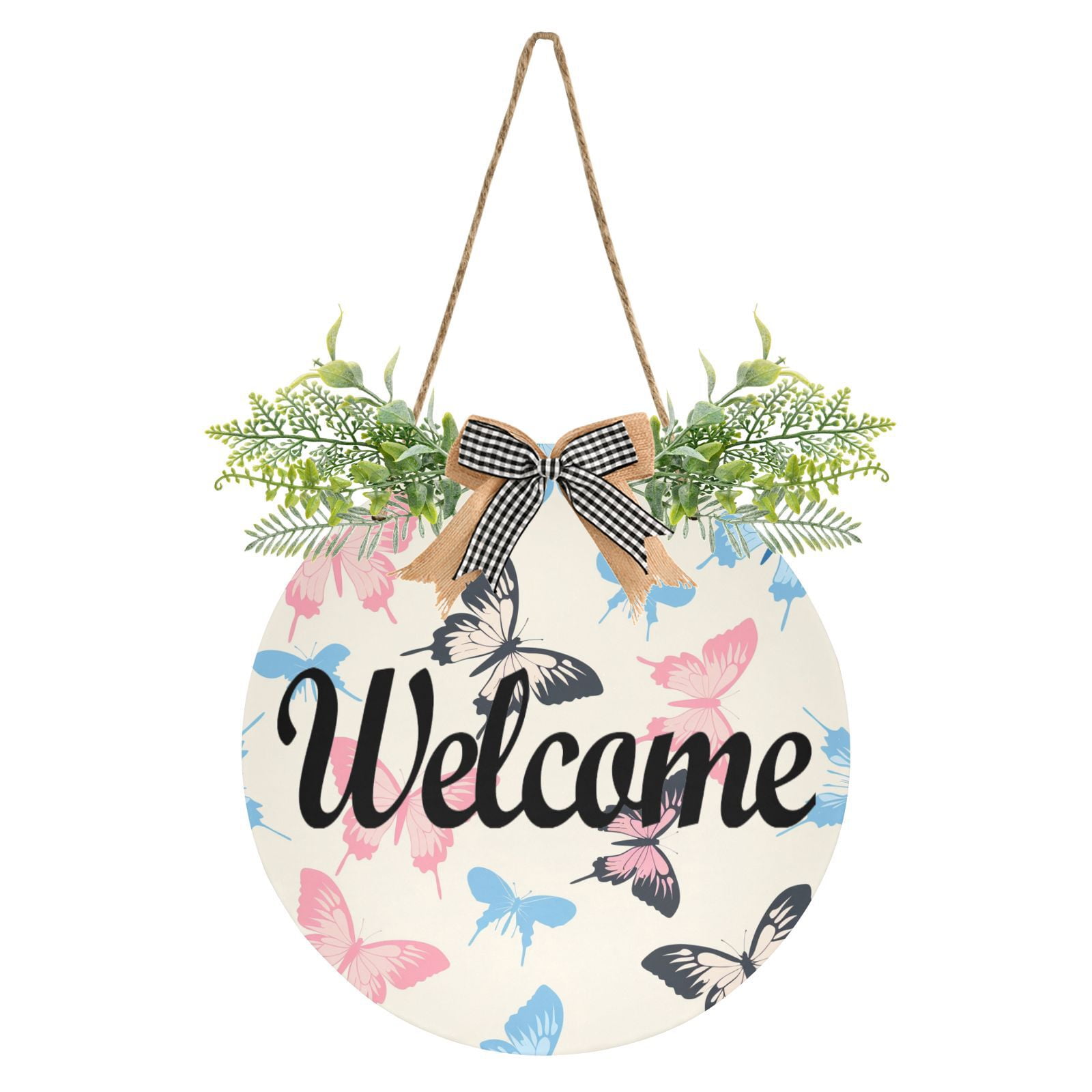 Pink Black Blue Butterflies Welcome Sign for Front Door Wreath Door ...
