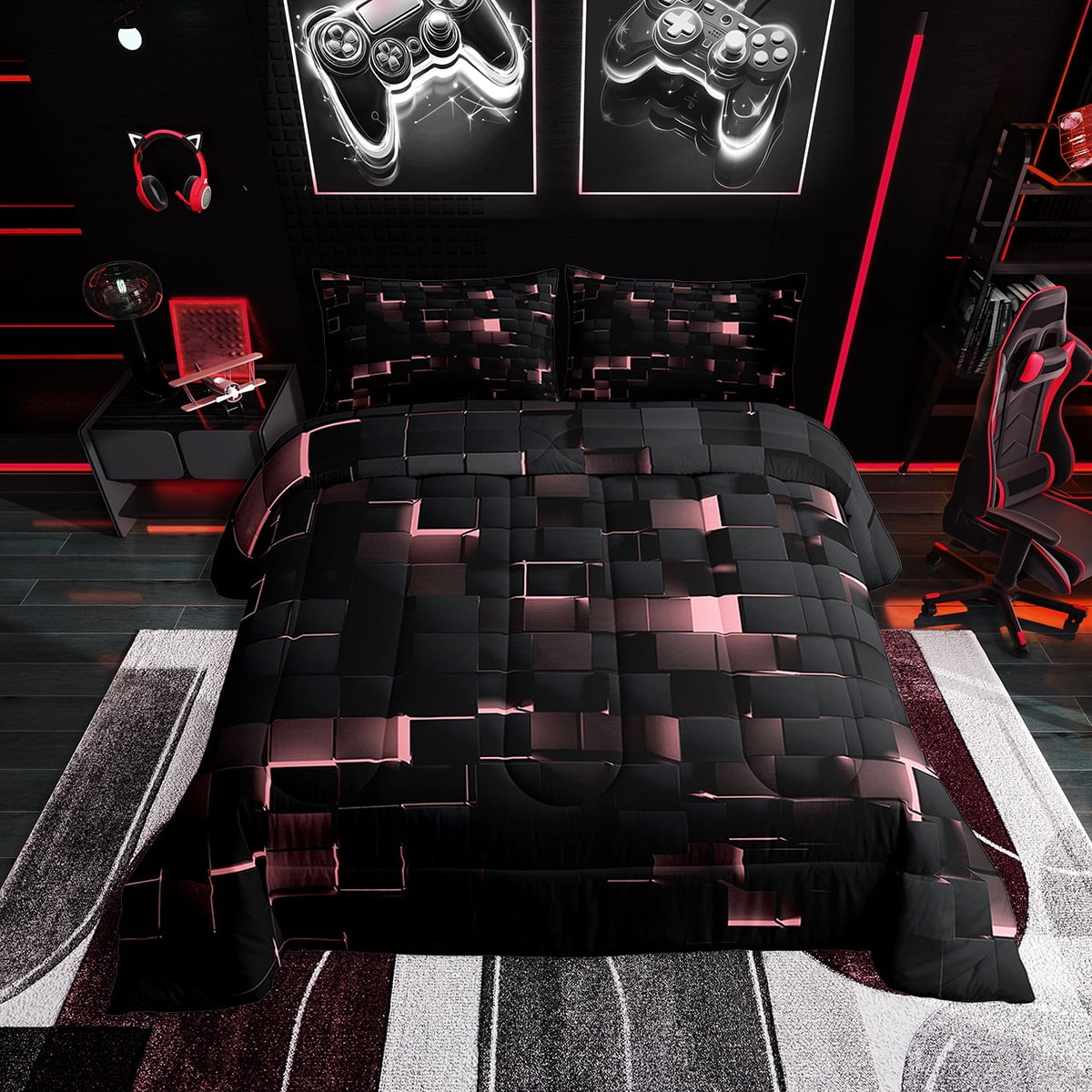 Pink And Black Comforter Set Twin,Neon Abstract Geometric Teen Bedding ...