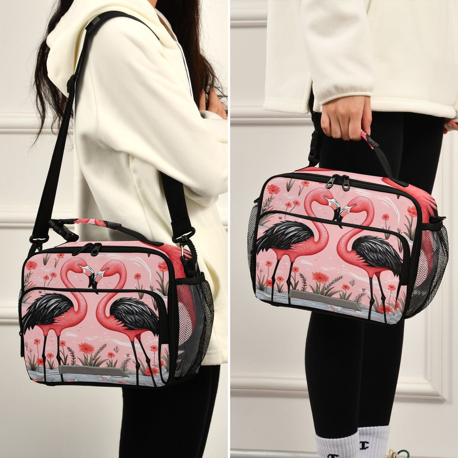 Pink Black Flamingos Lunch Bag Cooler Bag Cooling Tote Portable Shoulder Strap Interior Pockets ...