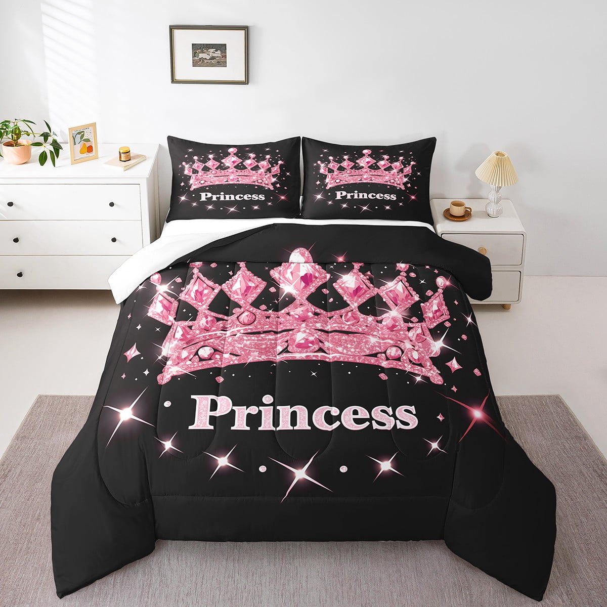 Pink and Black Bedding Set,Cute Pink Princess Kawaii Comforter Set Room ...