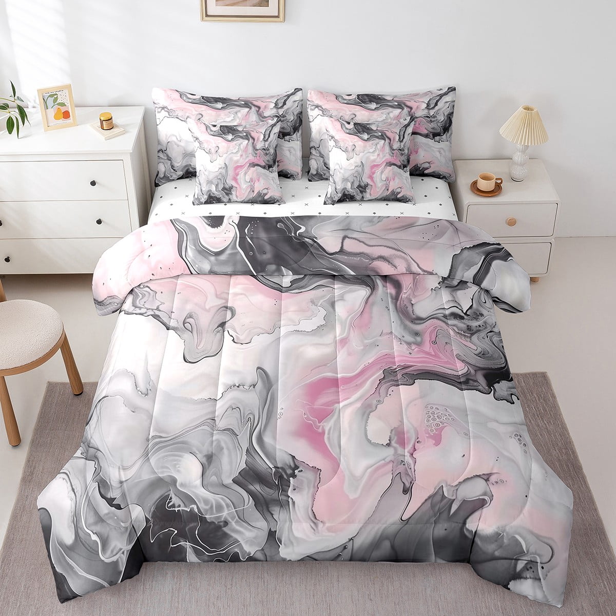 Pink Black White Grey Marble Bedding Set Abstract Marble Art King ...
