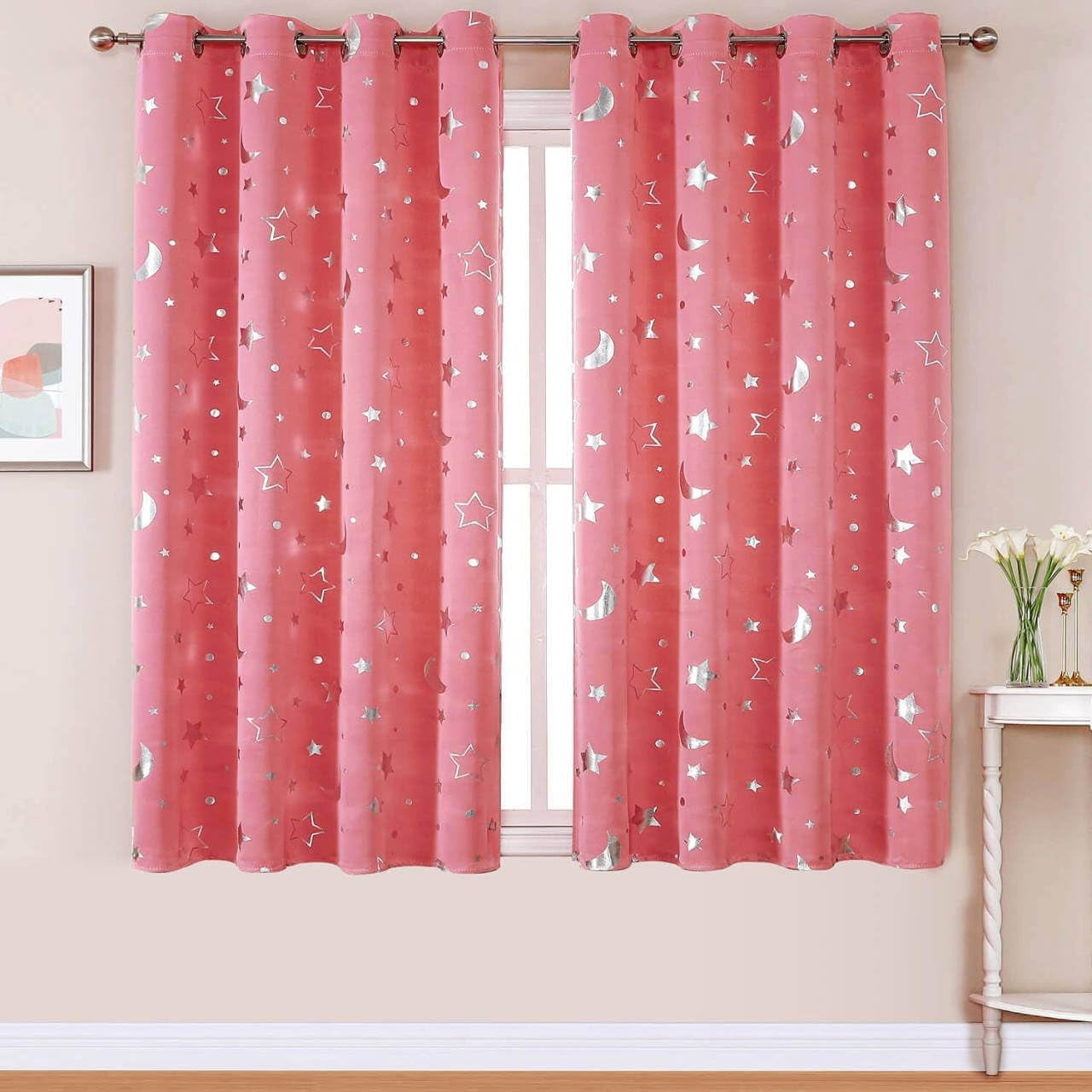 Pink Blackout Girls Curtains 54 Inch Long 2 Panels, Space Themed Star ...