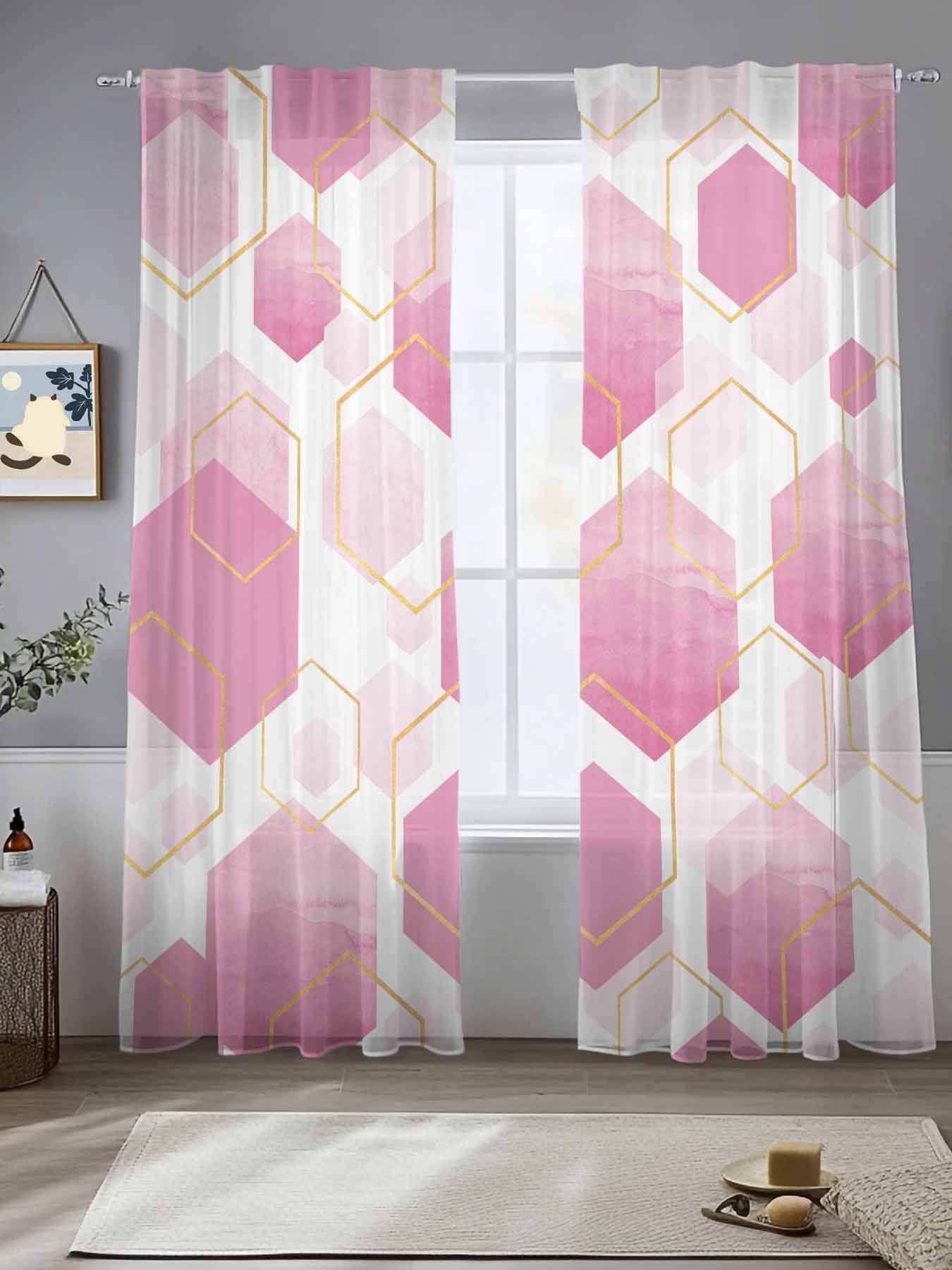 Pink Blocks Sheer Curtains 84 Inches Long 2 Panels Modern Art Yellow ...