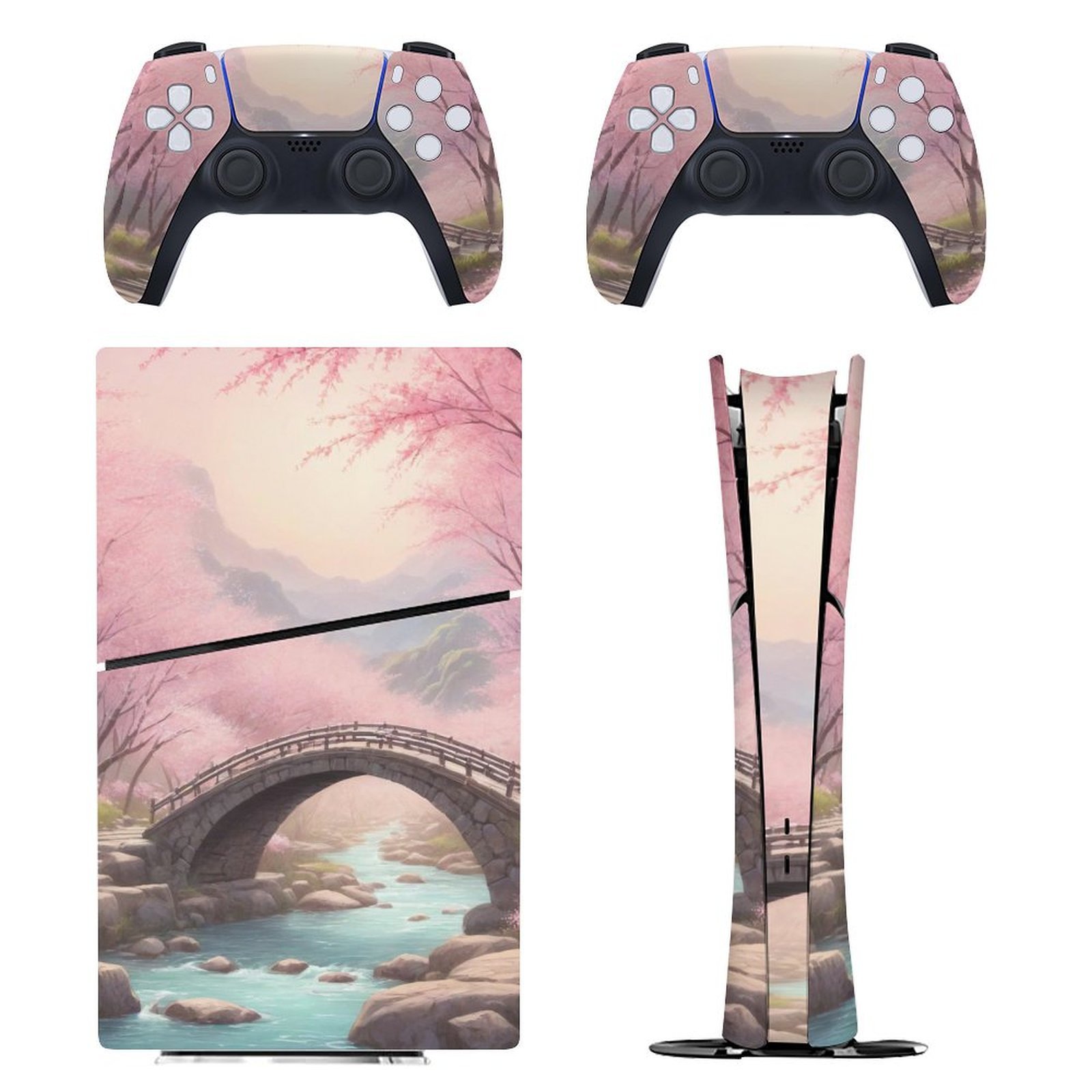 Pink Blossom Bridge Console Skin Bundle For PS5 Pro Slim Disc Digital Pink Blossom Bridge Console Skin Bundle For PS5 Pro Slim Disc Digital