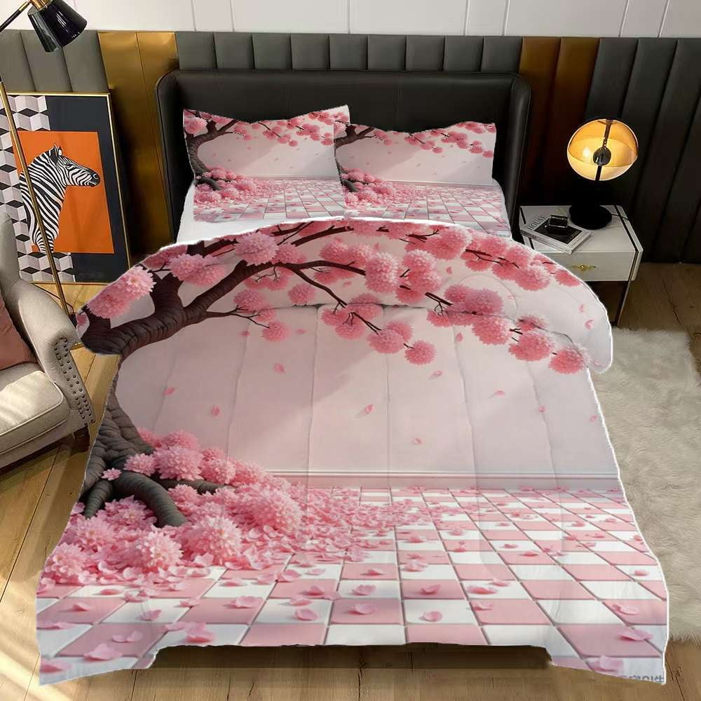 Pink Blossom Tree On Checkered Floor Comforter Set Queen Size Bedding ...