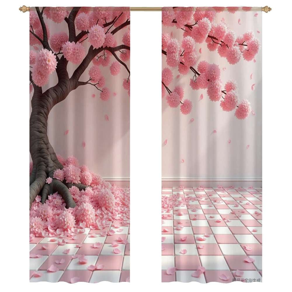 Pink Blossom Tree On Checkered Floor Modern Tulle Window Curtains for ...