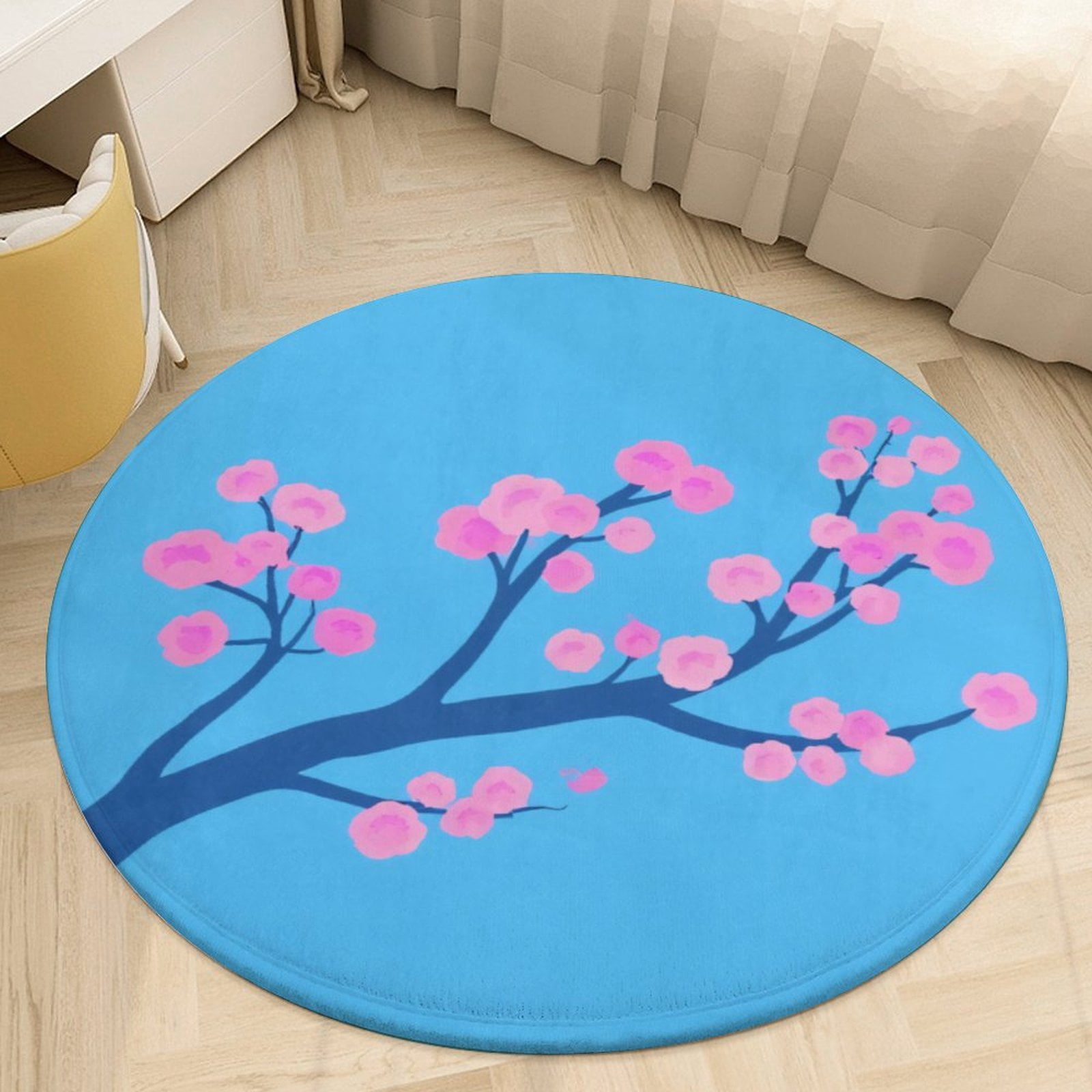 Pink Blossoms on Blue Background Round Area Rugs for Bedroom Living ...