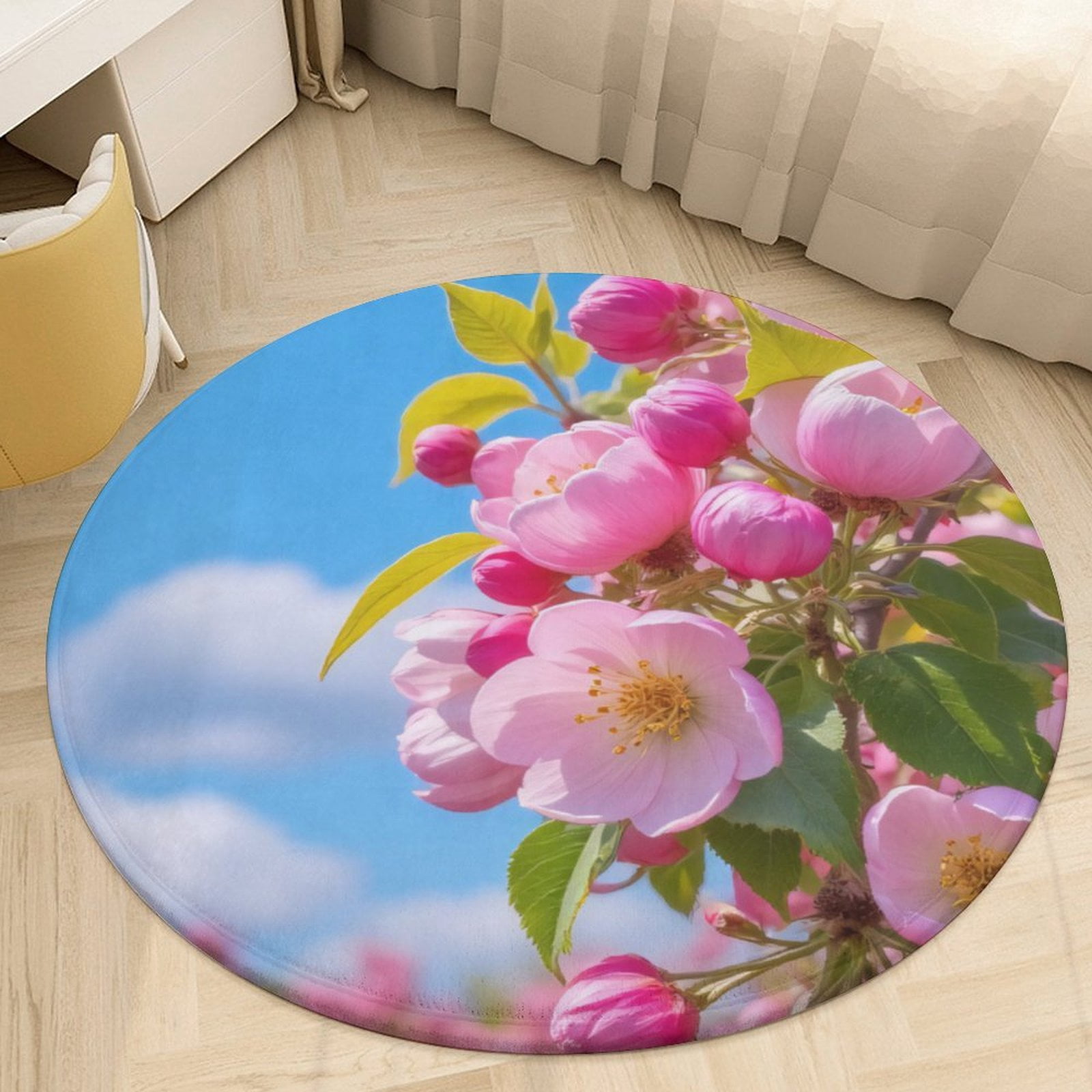 Pink Blossoms on Blue Sky Round Area Rugs for Bedroom Living Room, 4FT ...
