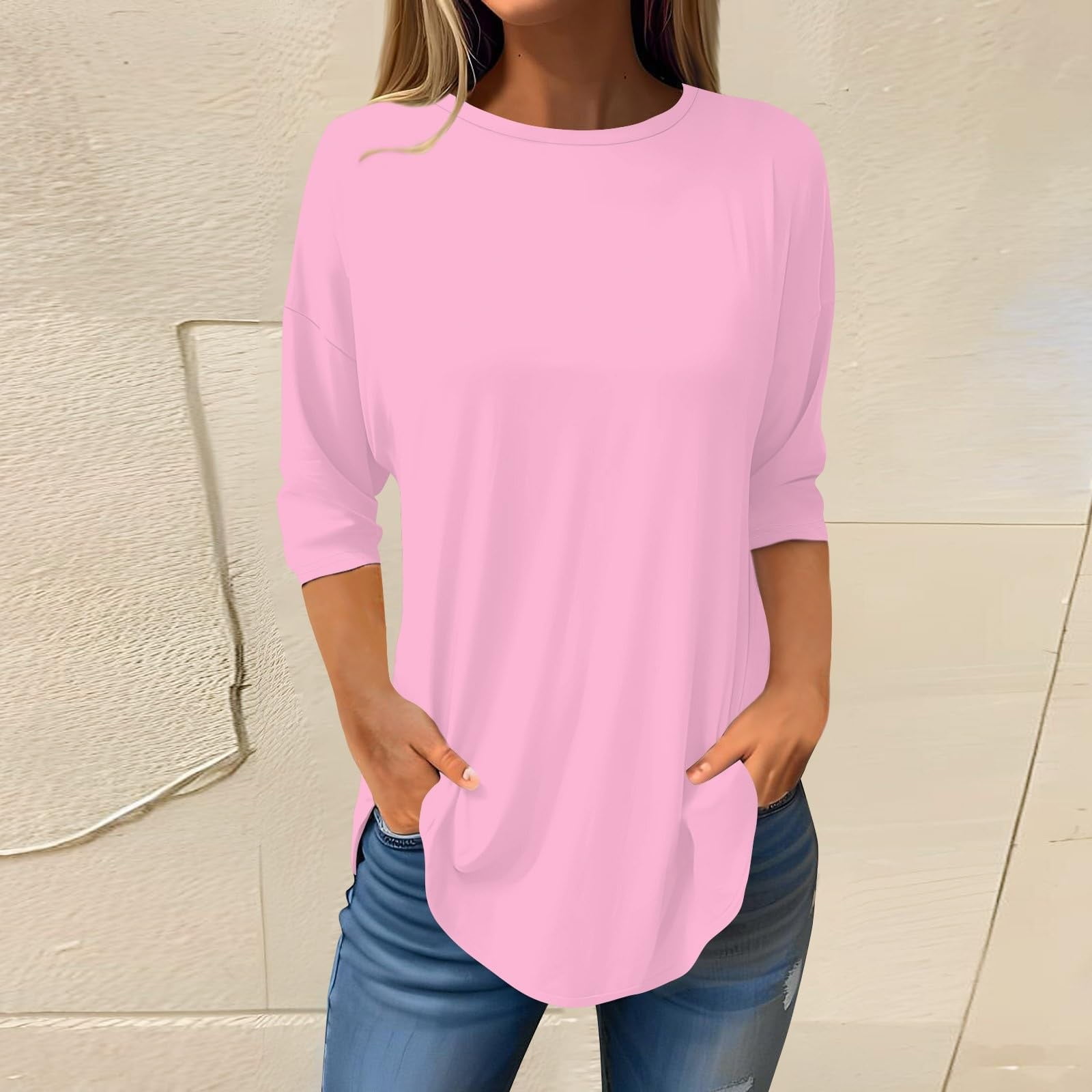 Pink Blouse for Women, Polyester Womens Plus Size Blouse, 3/4 Sleeve ...