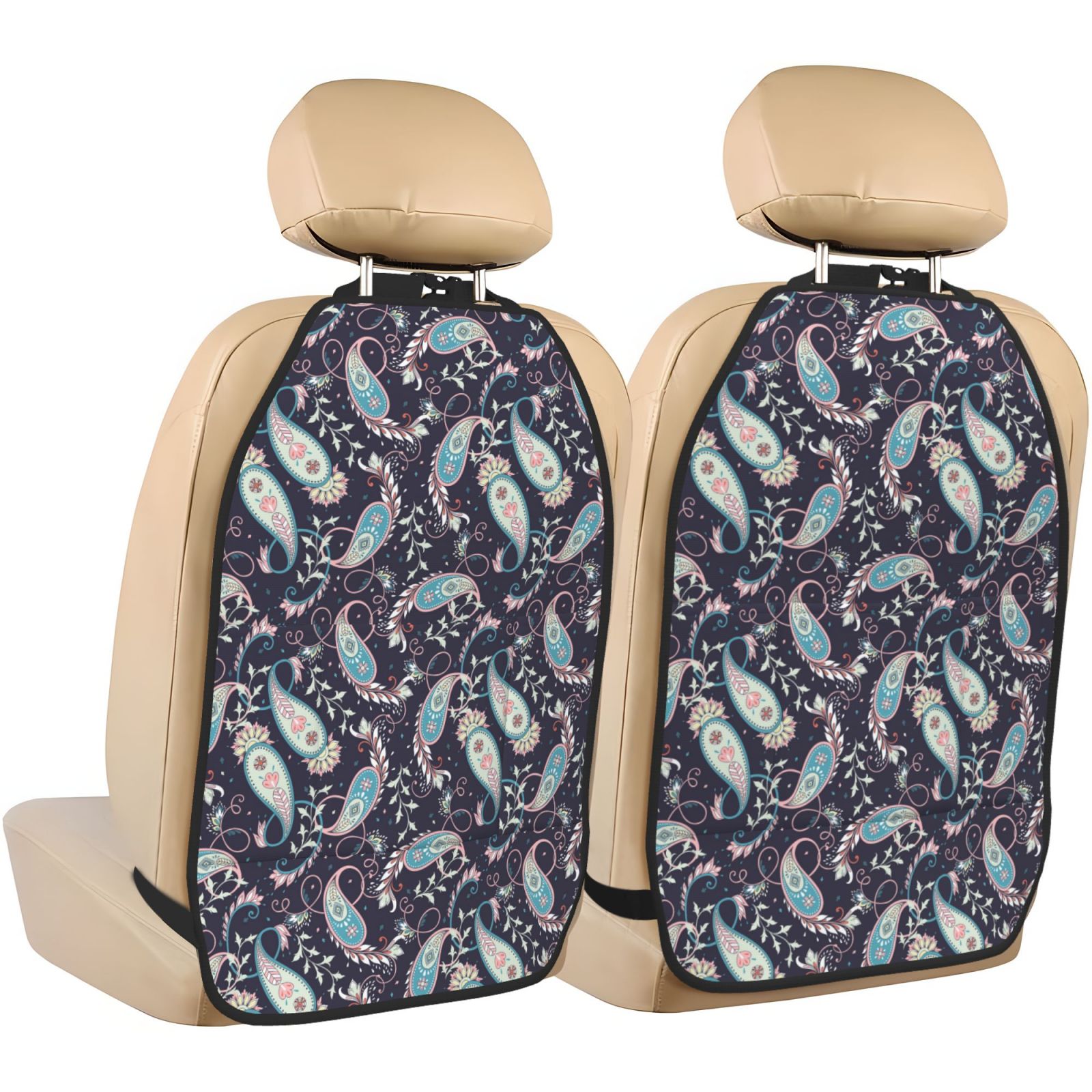 Pink Blue Black Paisley Backseat Car Organizer, 2 Pack Kick Mats Back ...