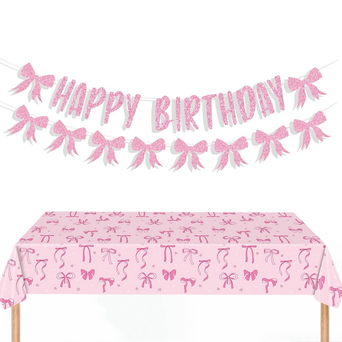 Pink & Blue Bow Happy Birthday Decorations Set Banner and Tablecloth ...